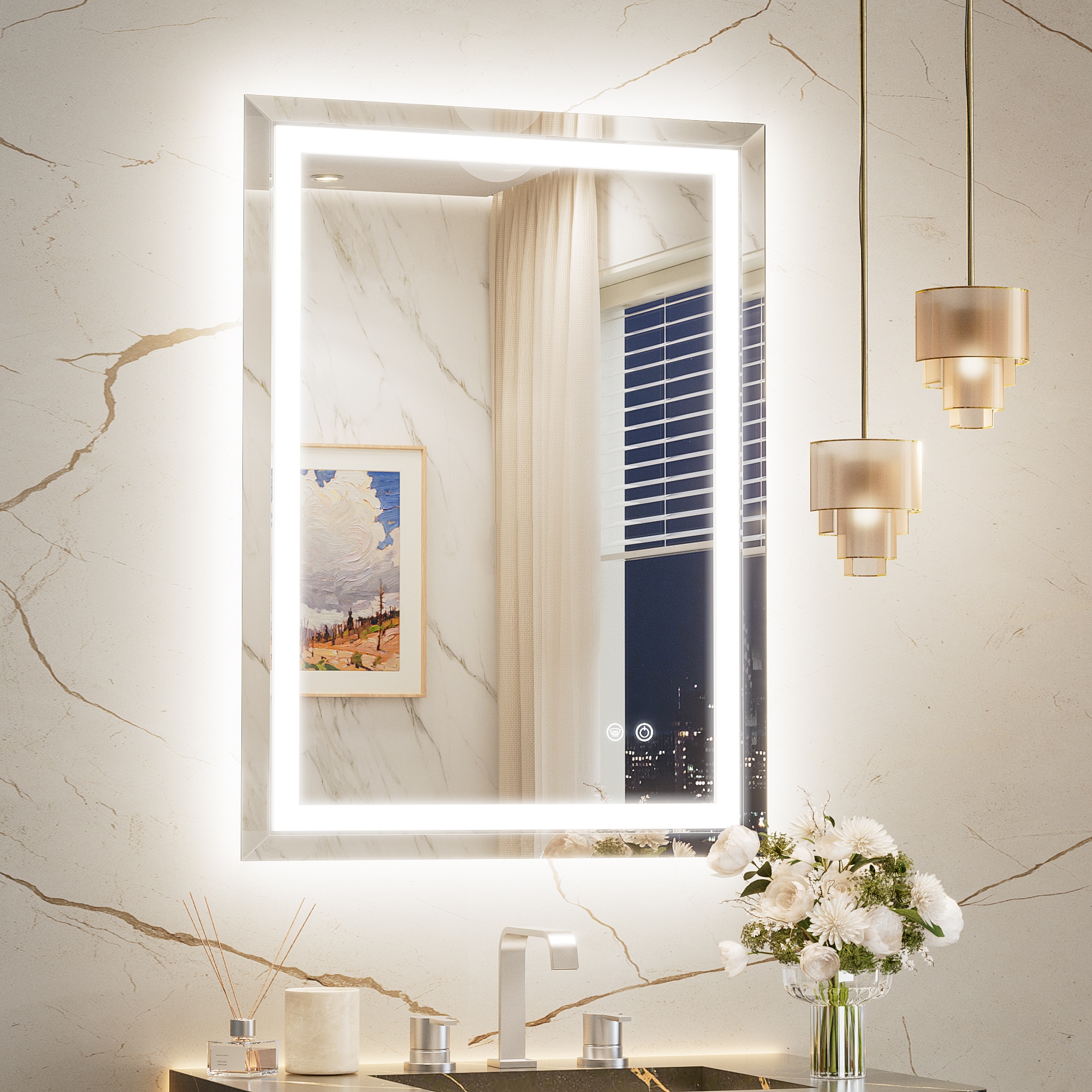 Keonjinn Lighted Bathroom Mirrors 24-in x 36-in Beveled Frameless ...