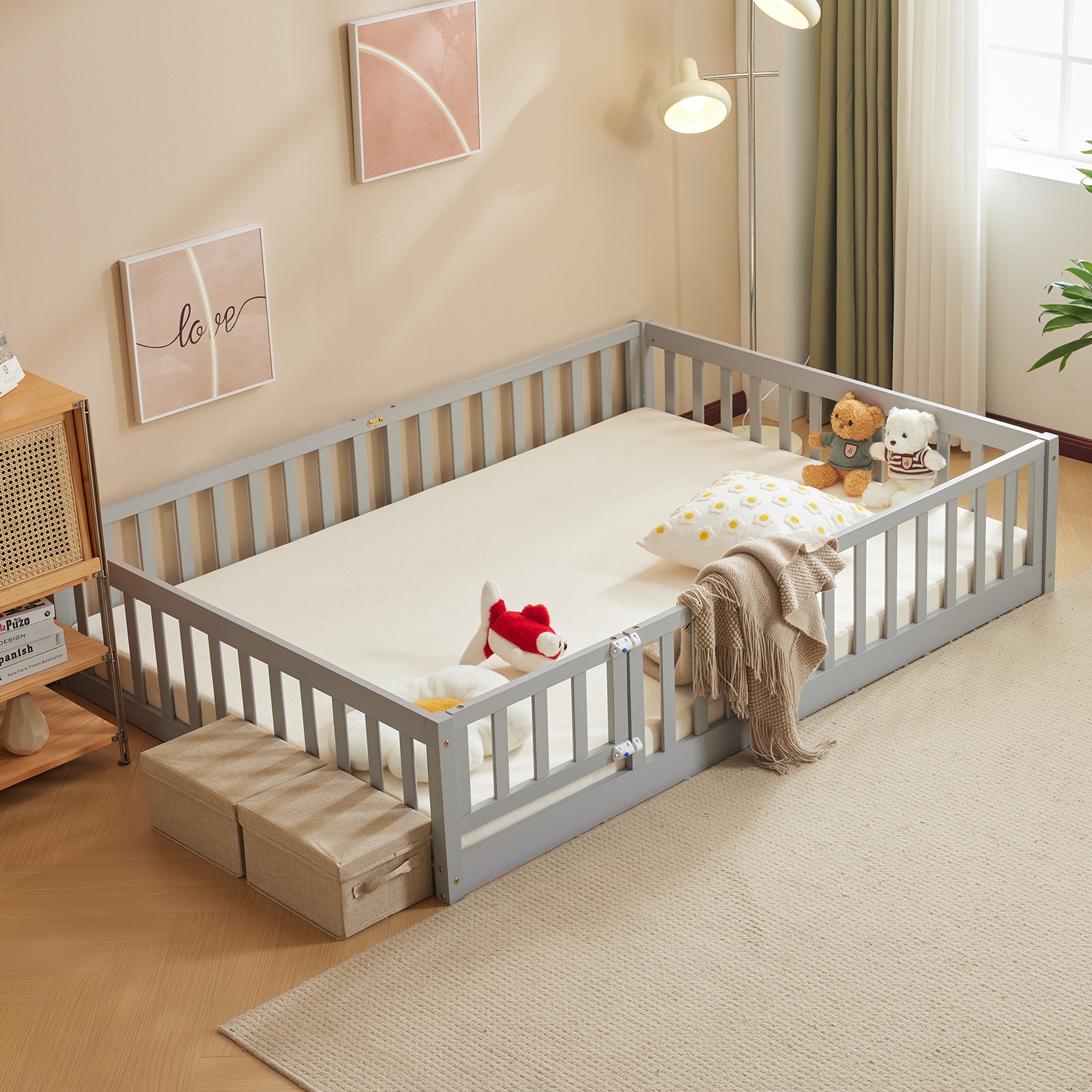 Outopee Queen Gray Wood Bed Frame with Headboard in the Beds department ...