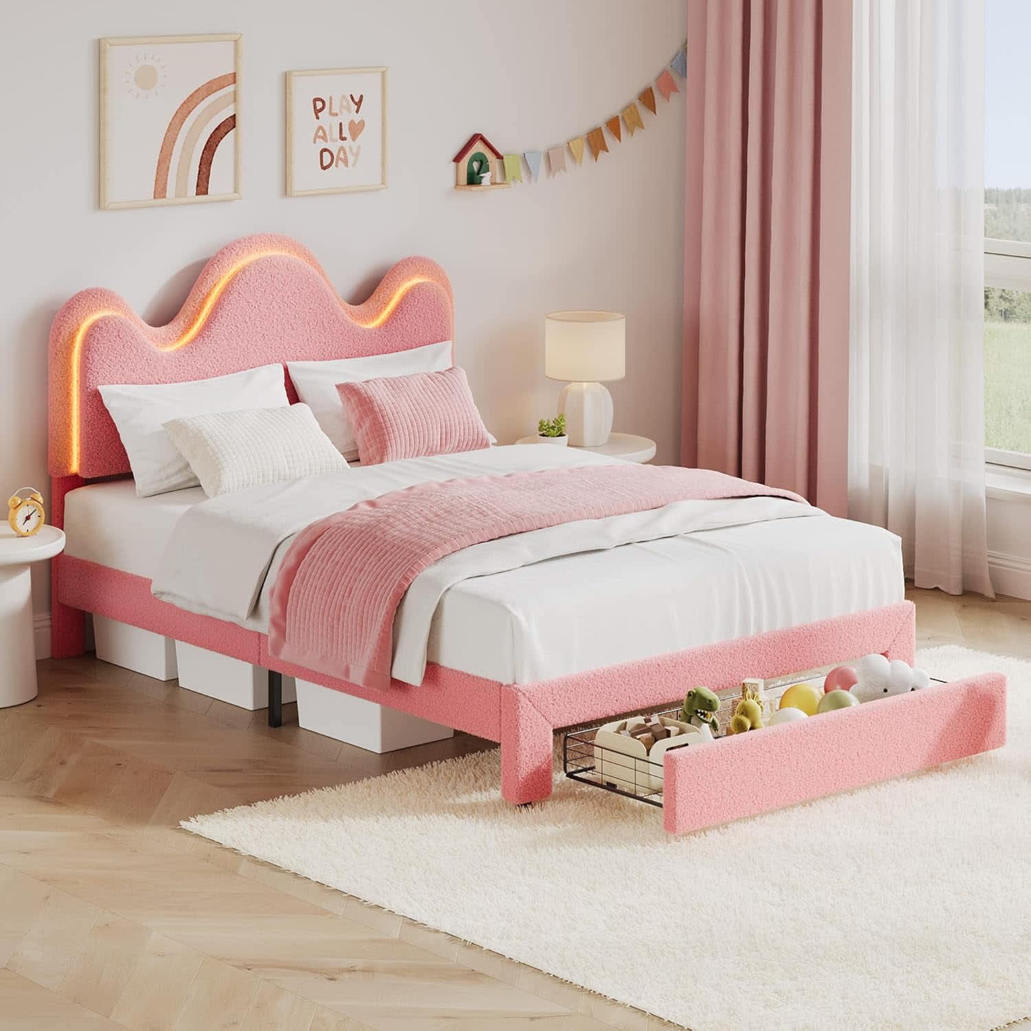 Qeetex Full Size Bed Frames Lamb Velvet Full Cute Platform Bed Frame ...