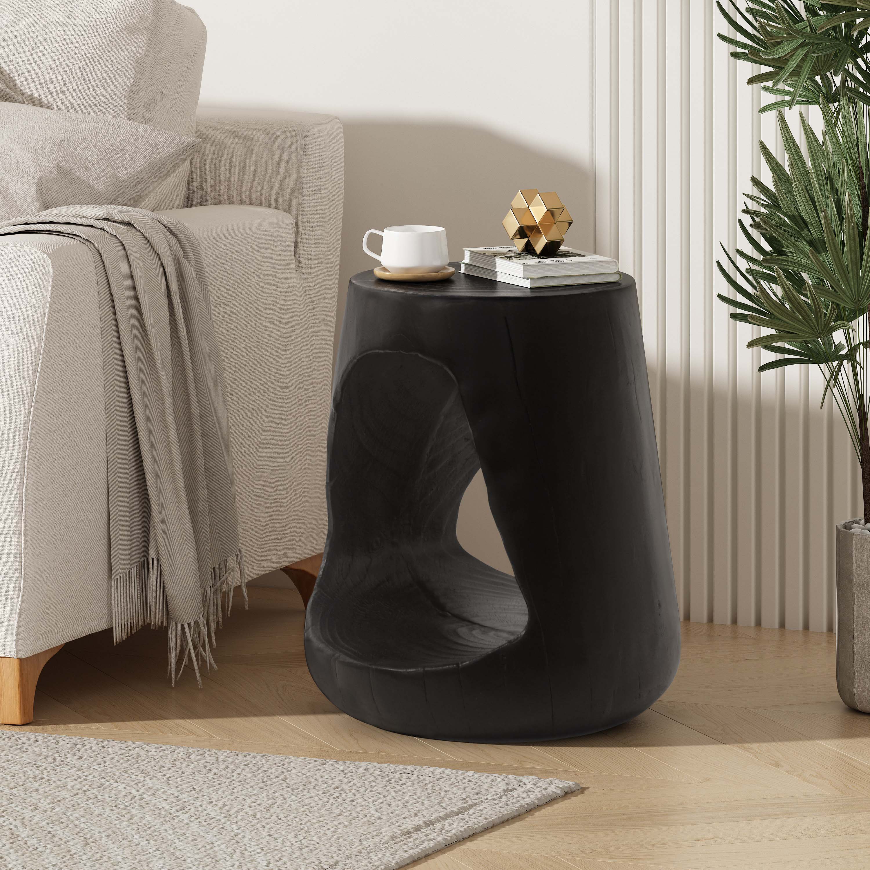 YOSIMFUR Hollow Side Table Wood-like Texture Black Color MGO Material ...