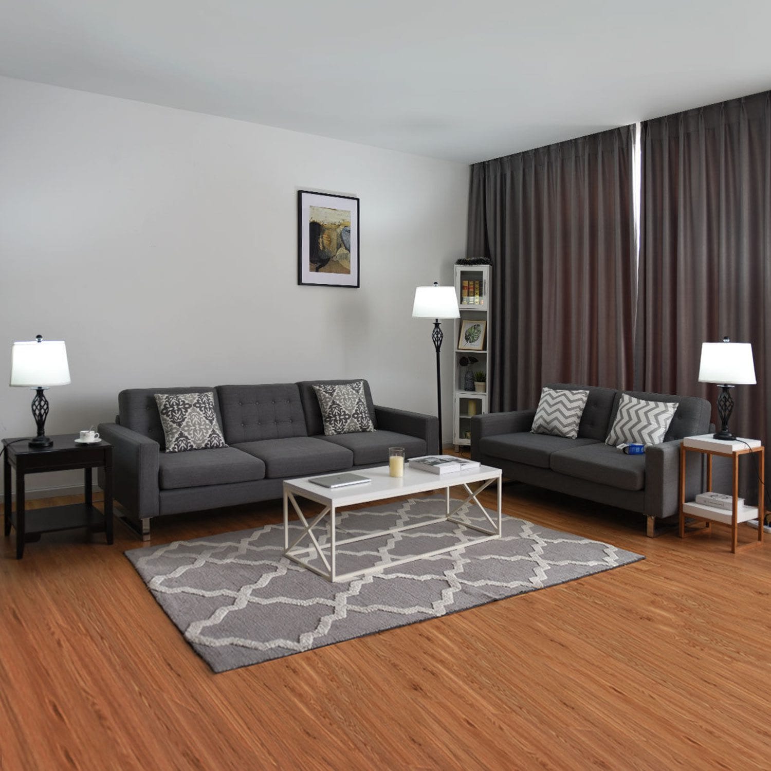 Costway 3-Piece Lamp Set 2 Table Lamps 1 Floor Lamp Fabric Shades ...