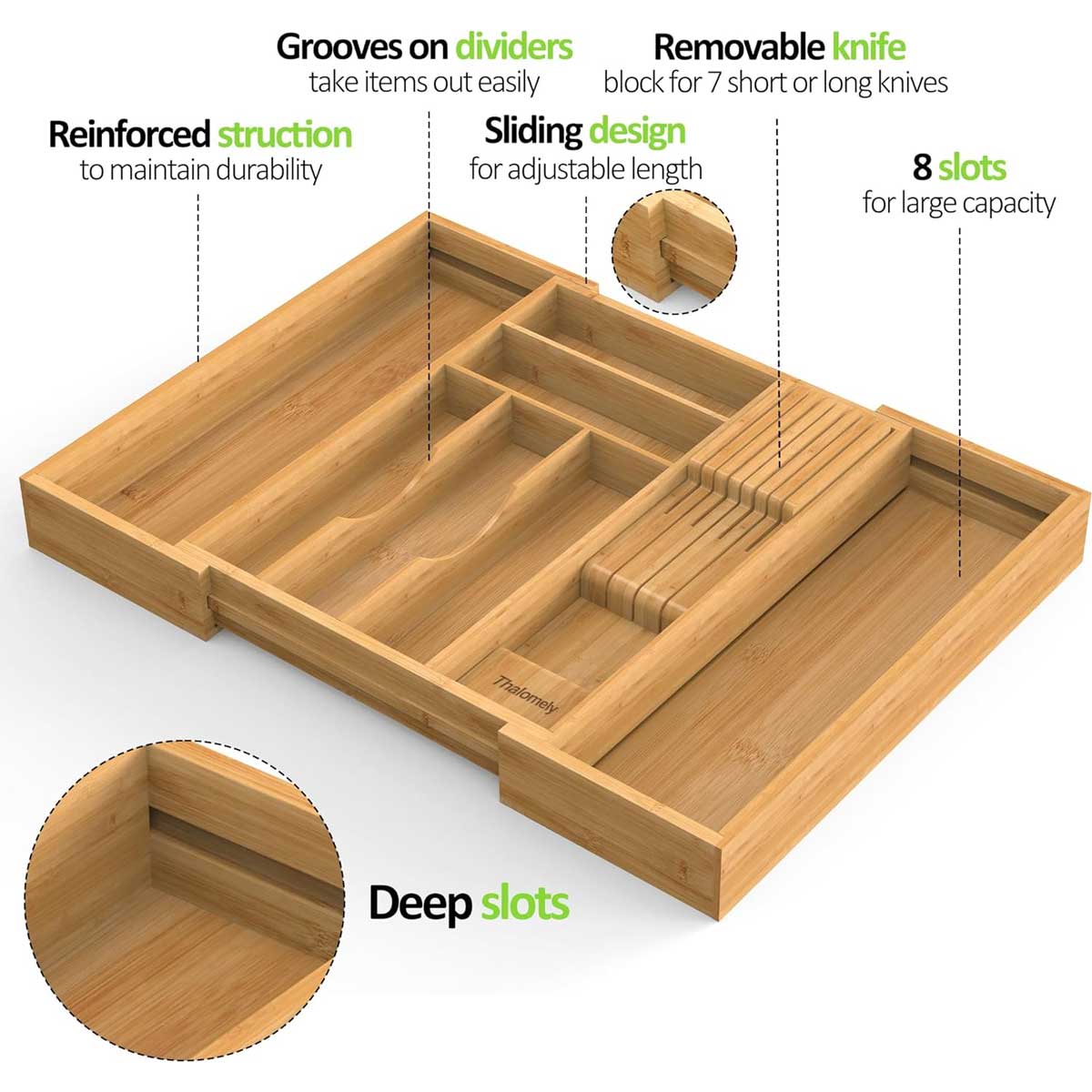 Aoibox Bamboo Expandable Kitchen Drawer Organizer 8 Compartment Utensil ...