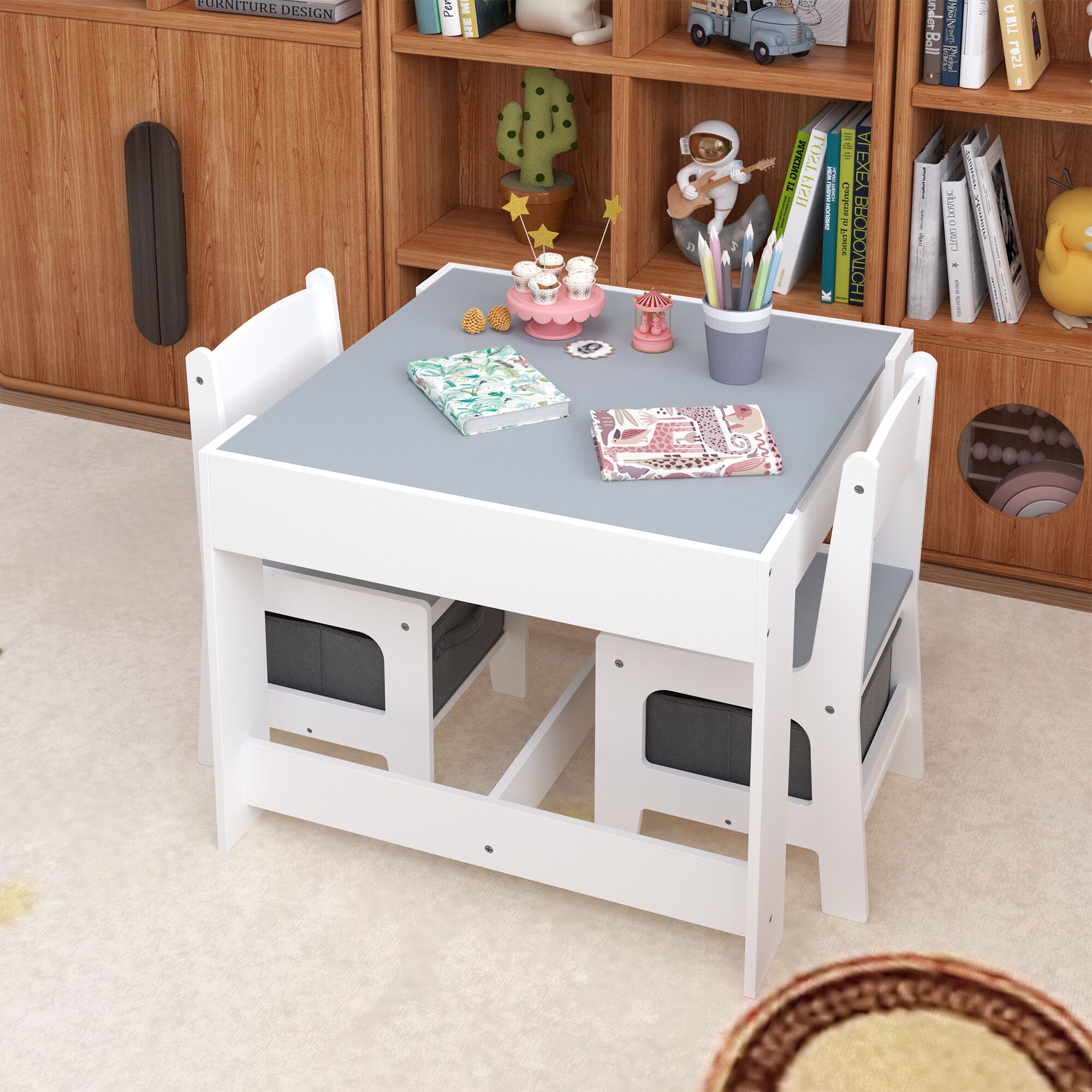 Wooakway 3 in 1 Kids Wood Table and Chairs Children Activity Table ...