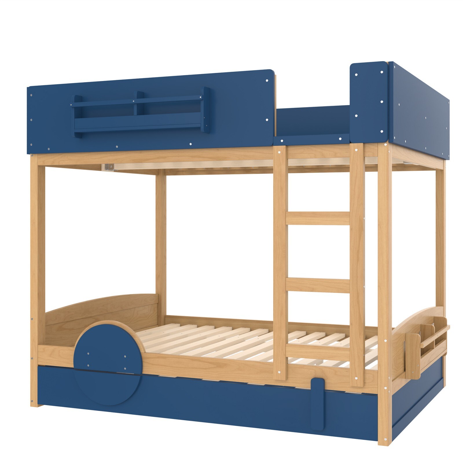 GlasFlength Queen Wood Bunk Bed with Trundle Built-in Bookshelf Safety ...