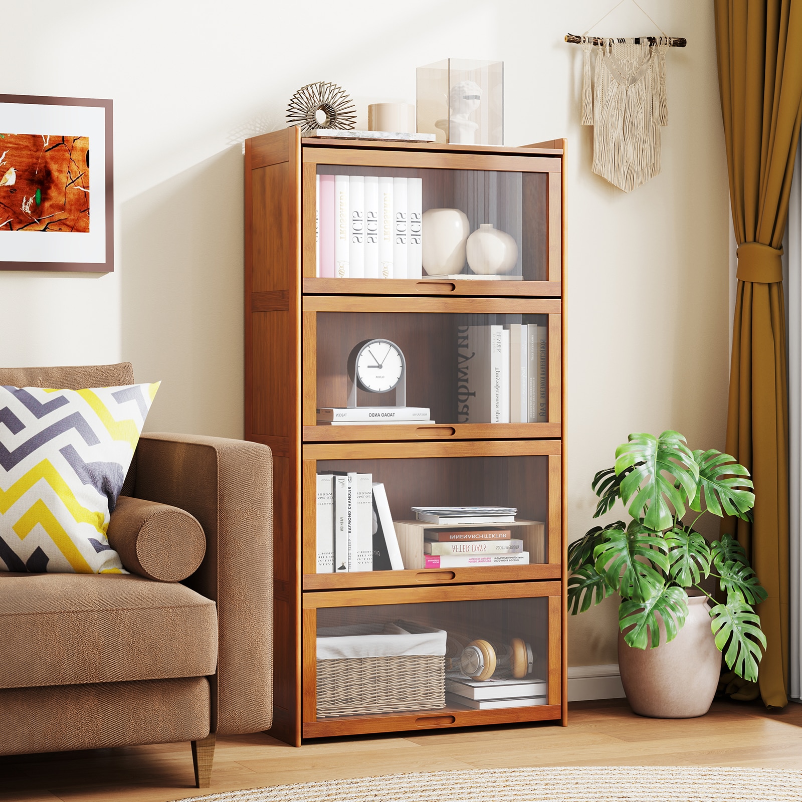 SUGIFT 4-Tier Bamboo Bookcase with Acrylic Flip Doors 55-in Tall 65-lb ...