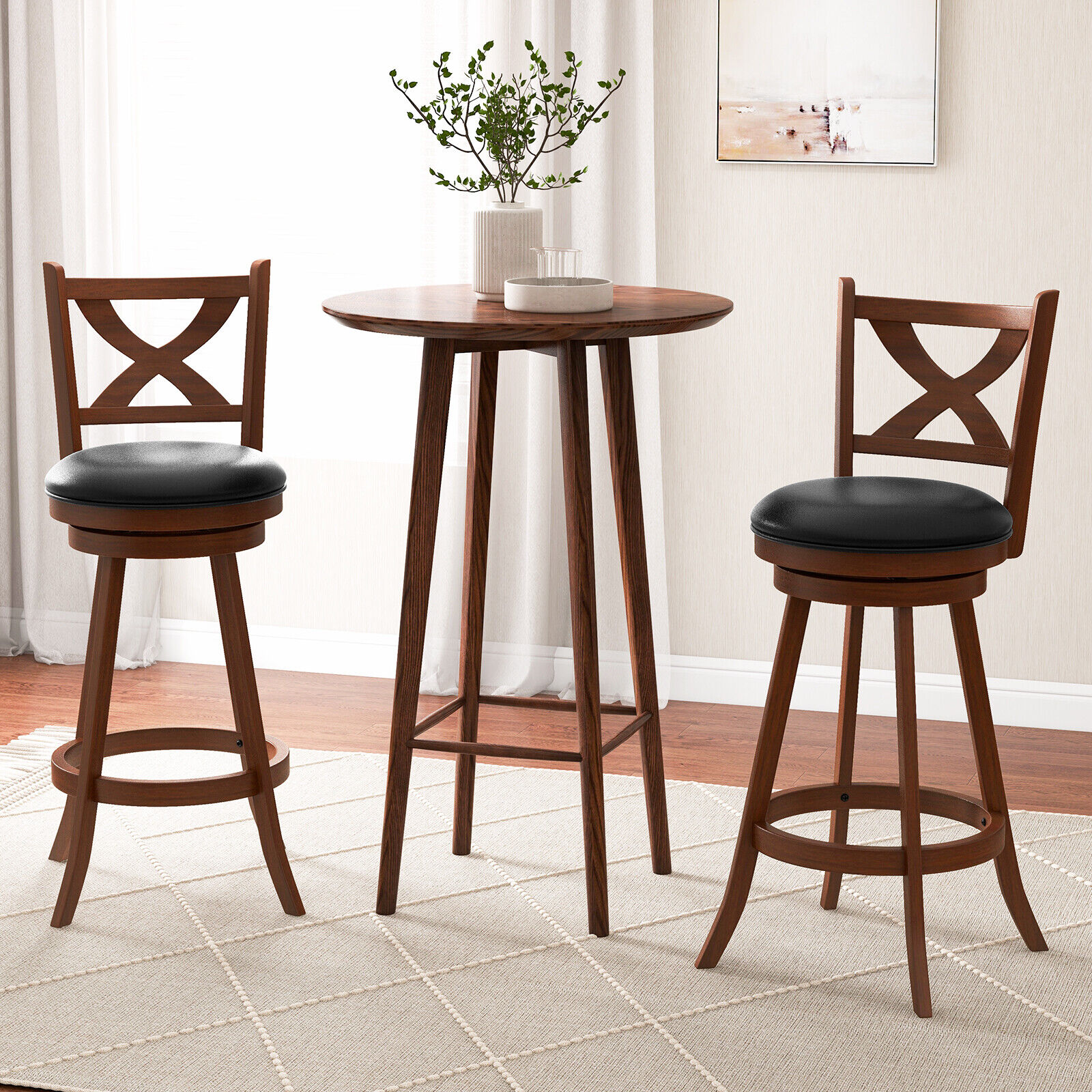 Slickblue Set of 2 Swivel Bar Stools with X-Shaped Open Back Black PVC ...