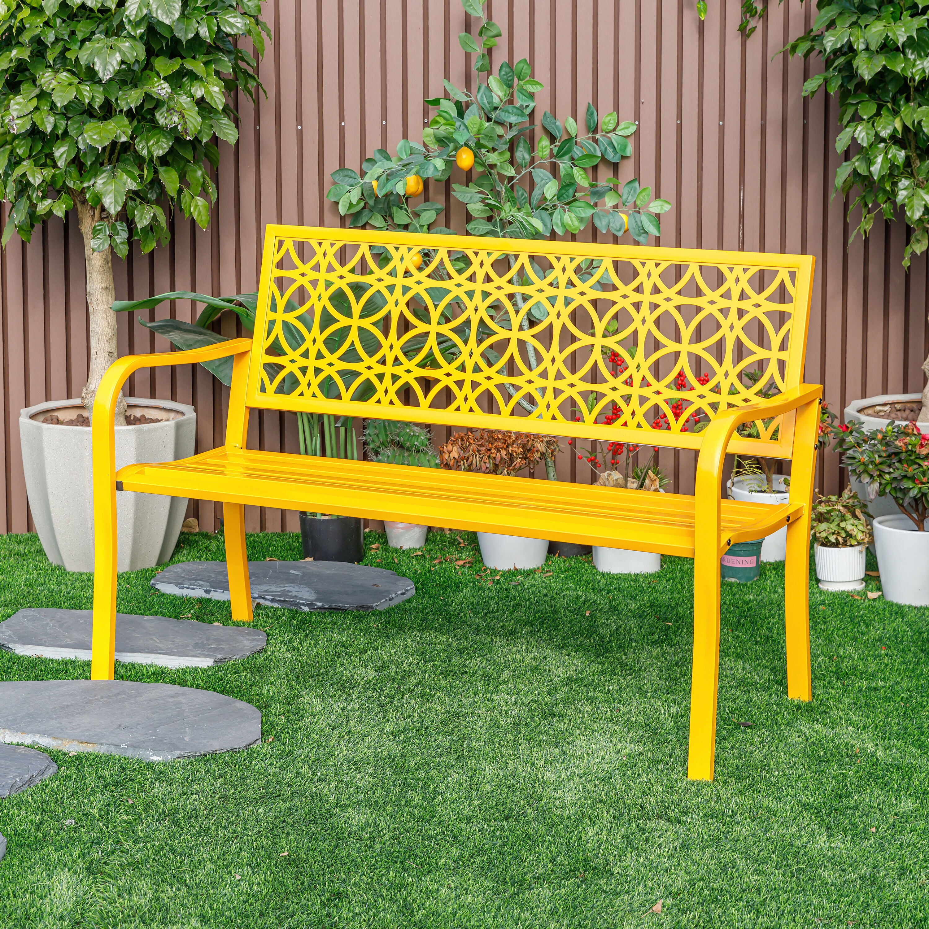 Hi-Line Gift Patio Bench 24-in W x 33-in H Yellow Steel Traditional ...