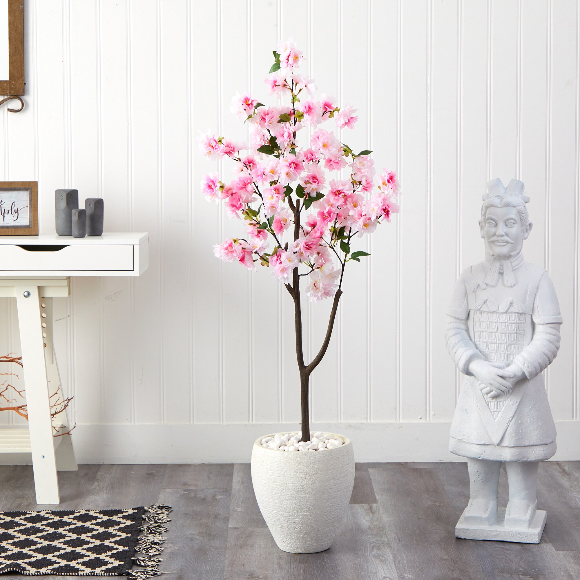 Nearly Natural 4.5-ft Cherry Blossom Artificial Tree in White Planter ...