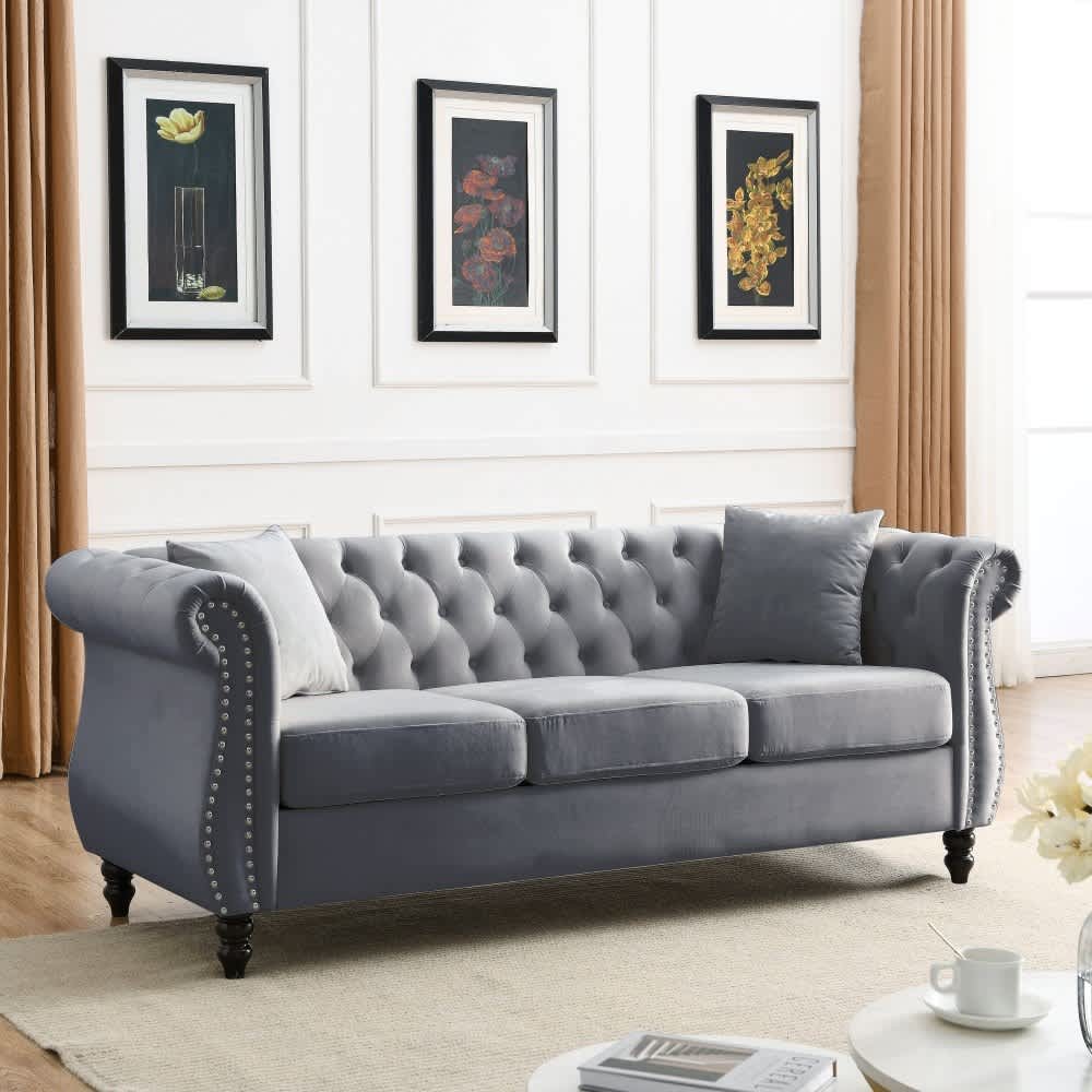 Coolbibila 3-Seater Couch Gray Chesterfield Sofa 80-in Velvet Sofas ...