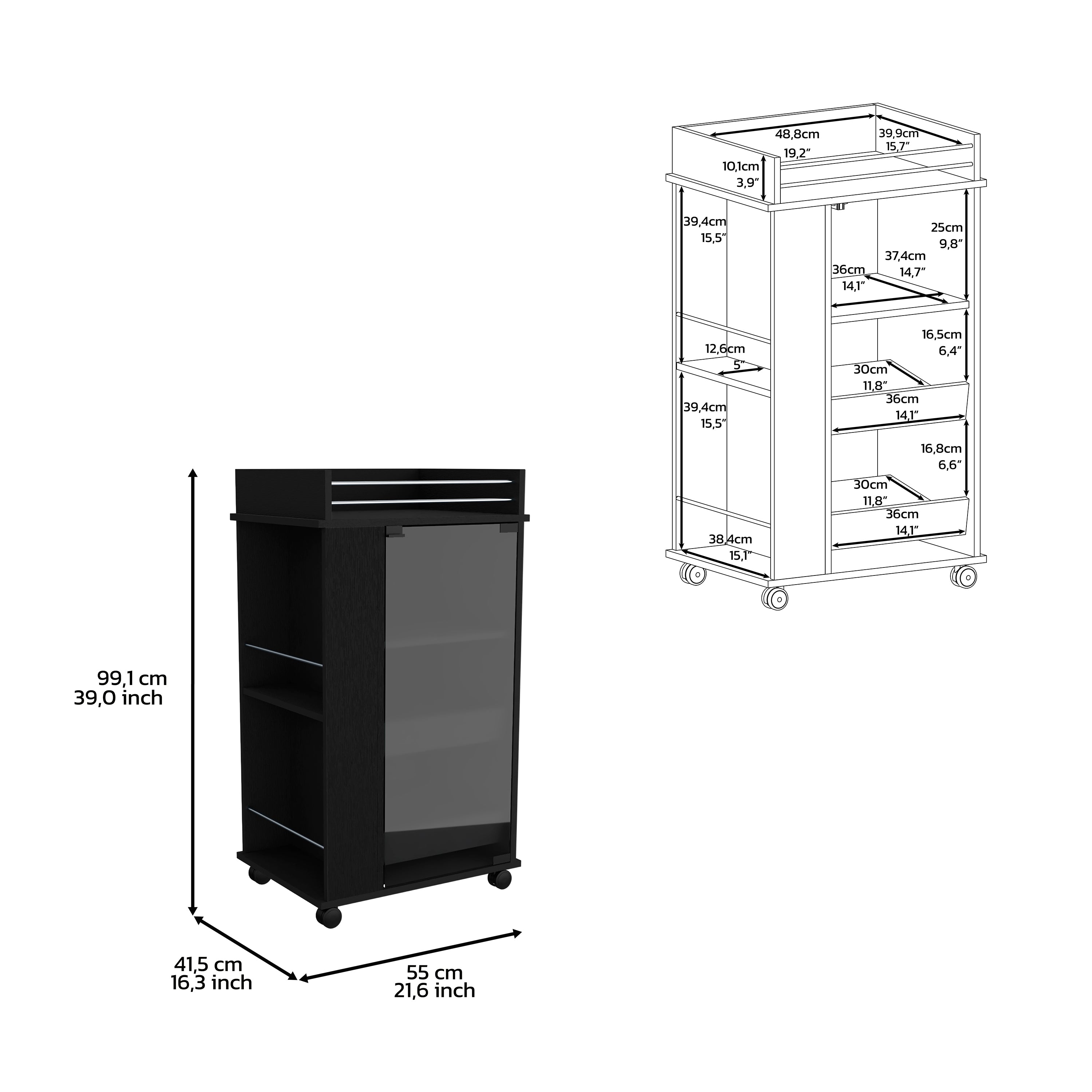 Tinyhomie Bar Cart with Glass Door Shelves Rolling Black in the Kitchen ...