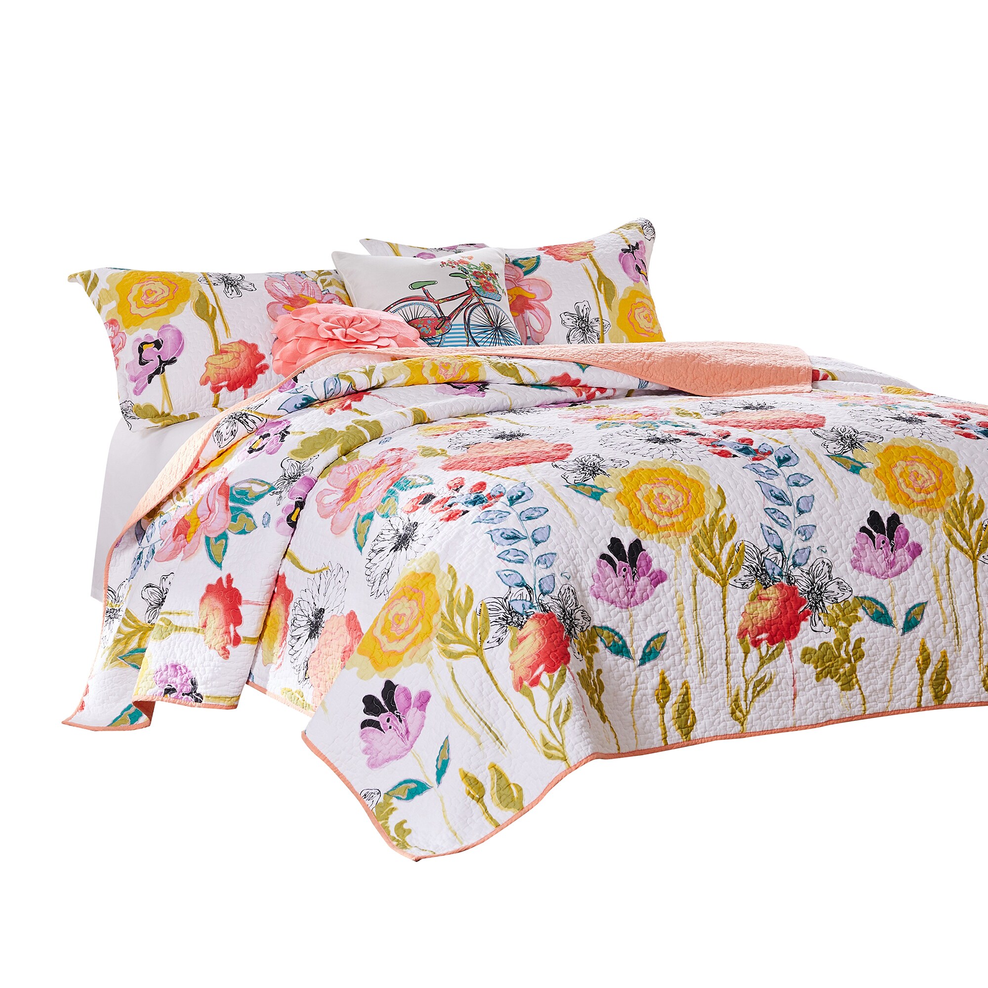 Benzara 4 -Piece Multicolor, White, Pink, Yellow, Blue Twin Quilt Set ...