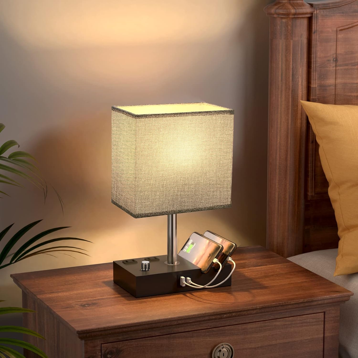 Grey Fully Dimmable Nightstand Lamp with USB C and USB A Charging Ports ...