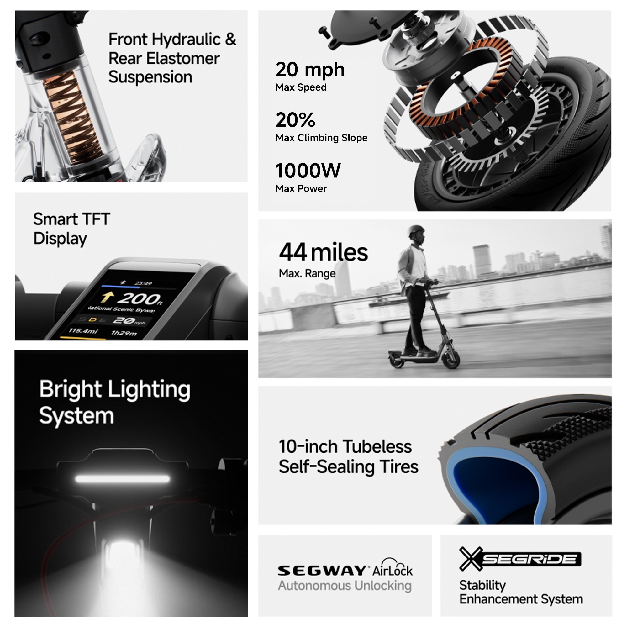 Segway F3 Electric Scooter 20 mph Max Speed 44 Miles Max Range for ...