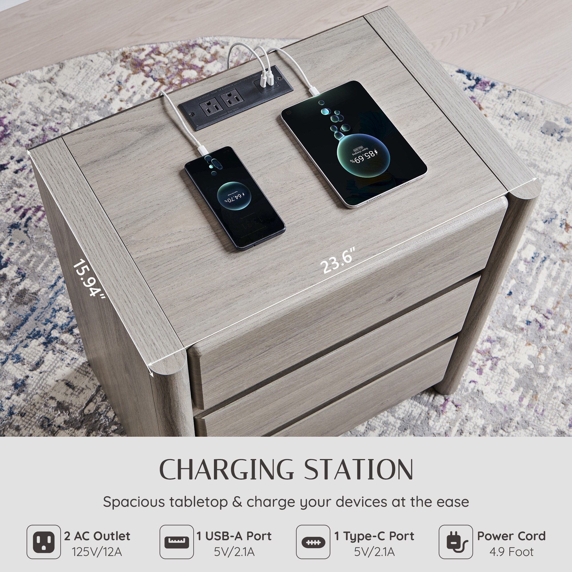 OKD Modern Nightstand with Charging Station and 3 Drawers Rounded ...