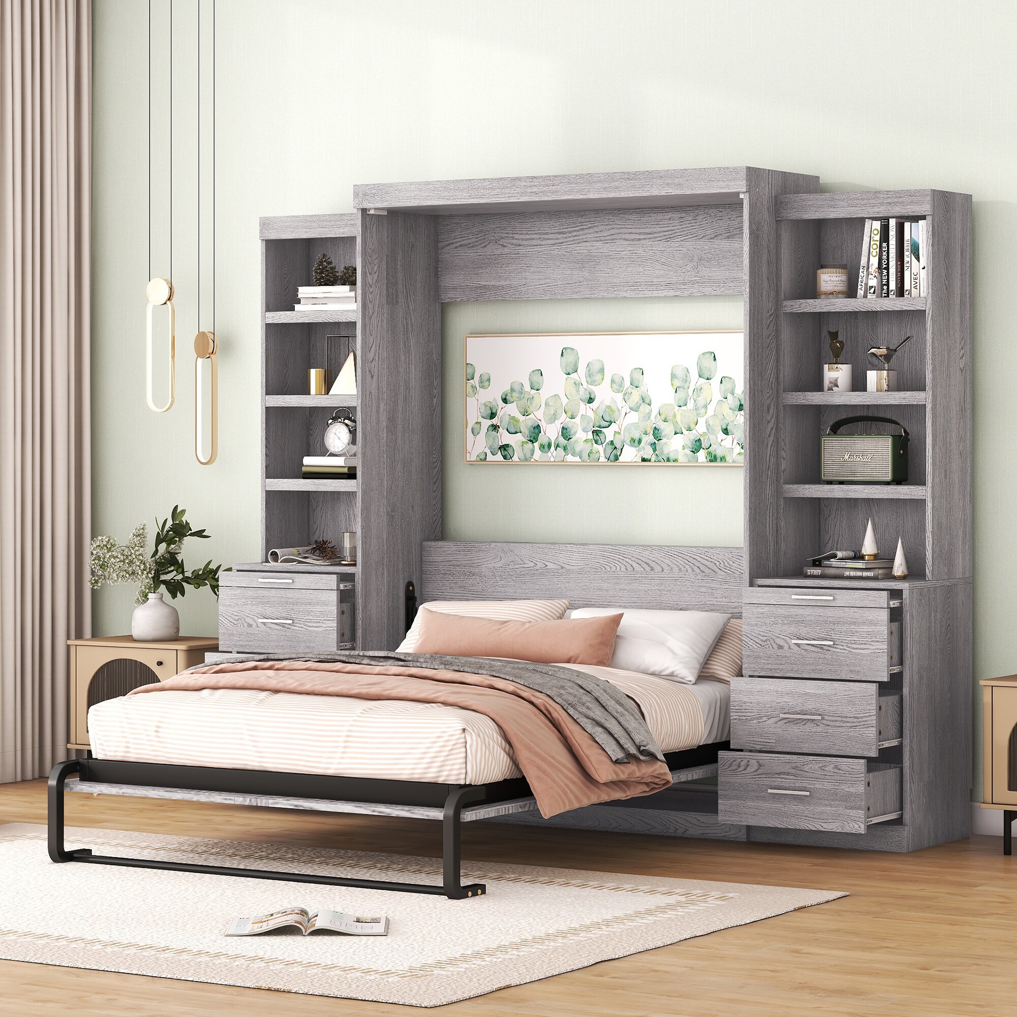 ModernLuxe Full Size Murphy Bed with Storage Shelves and Drawers Gray ...