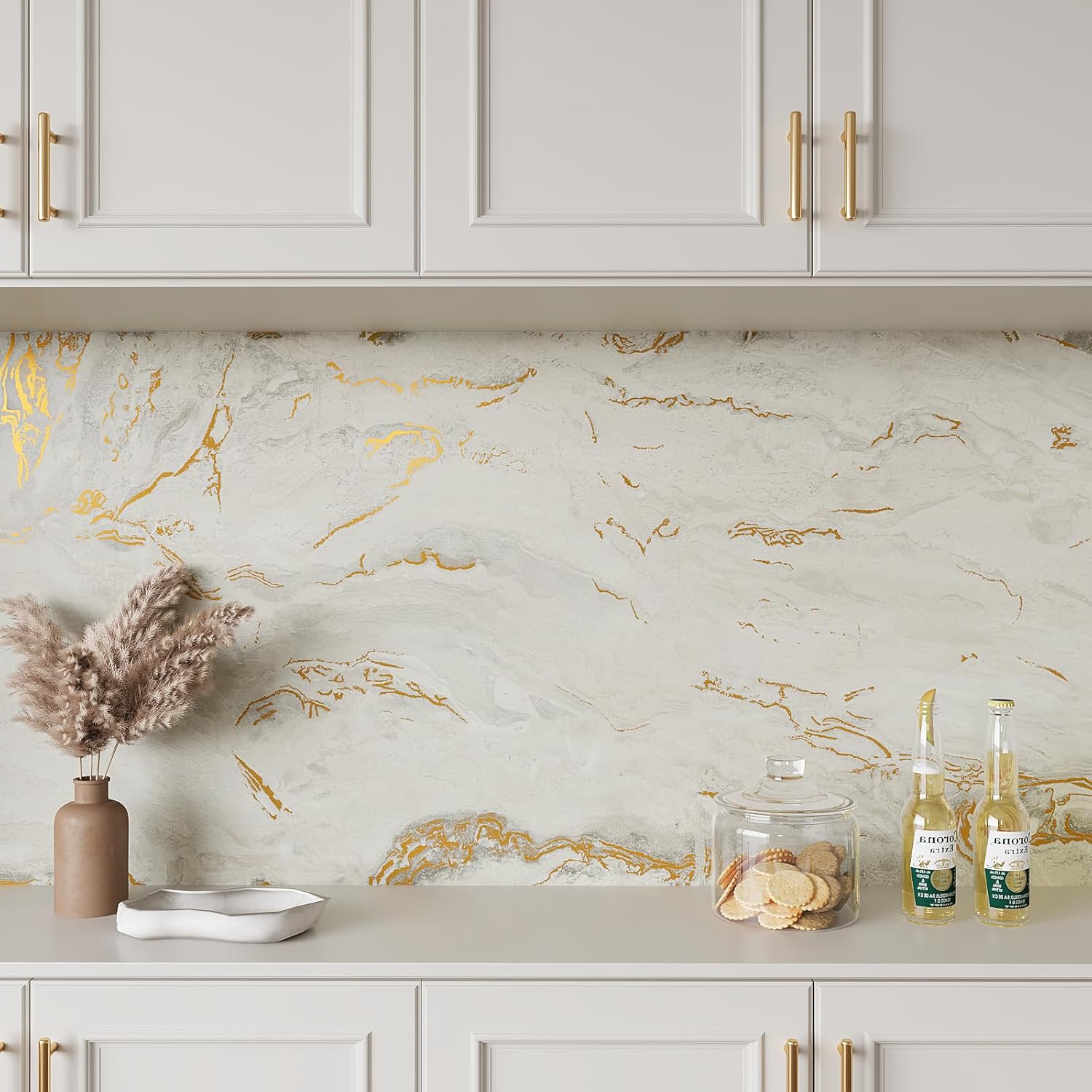VEELIKE VEELIKE Beige Gold Liquid Marble Contact Paper for Countertops ...