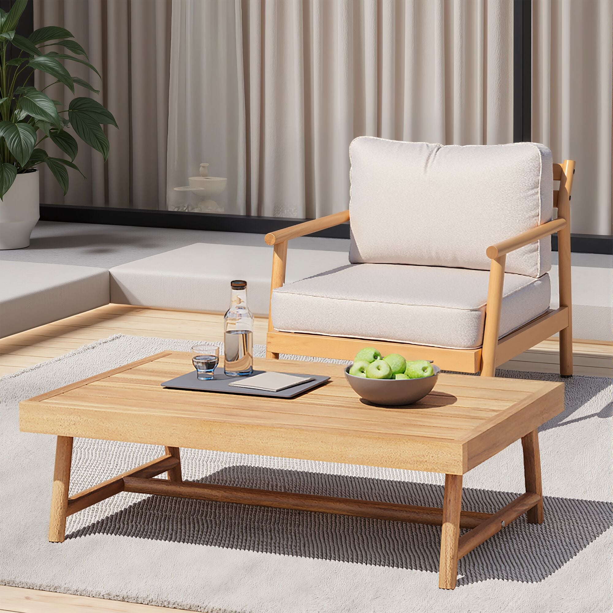 Mondawe Acacia Wood Club Chair with Coffee Table - Teak and Beige in ...