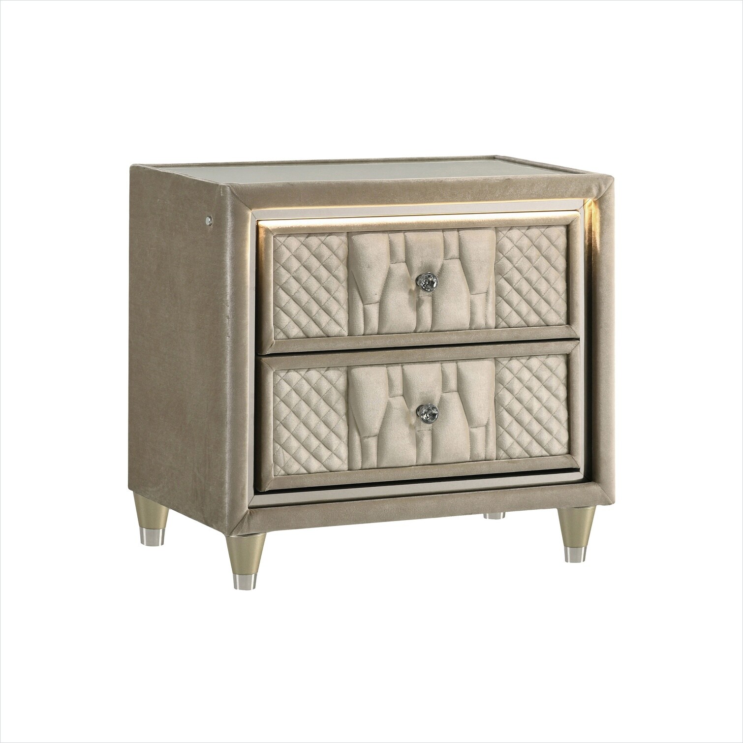 Watnature Beige-Toned Velvet 2-Drawer Nightstand with LED Lighting and ...