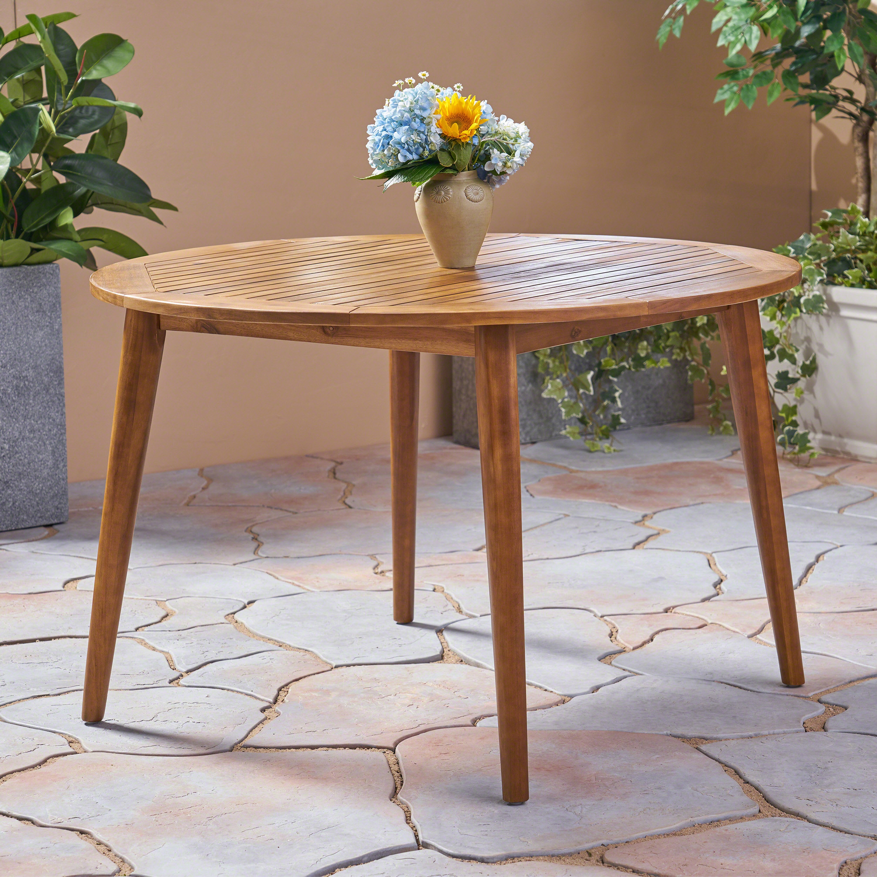 LOVMOR Modern Acacia Wood Dining Table with Straight Leg Base Teak ...