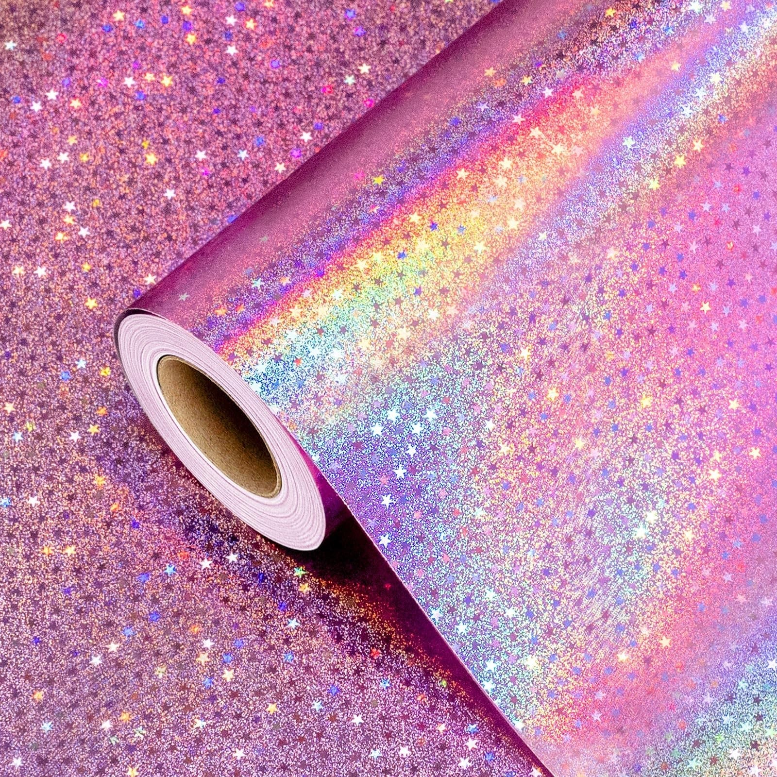 Afoxsos Pink Wrapping Paper Roll Metallic Holographic Star Reversible ...