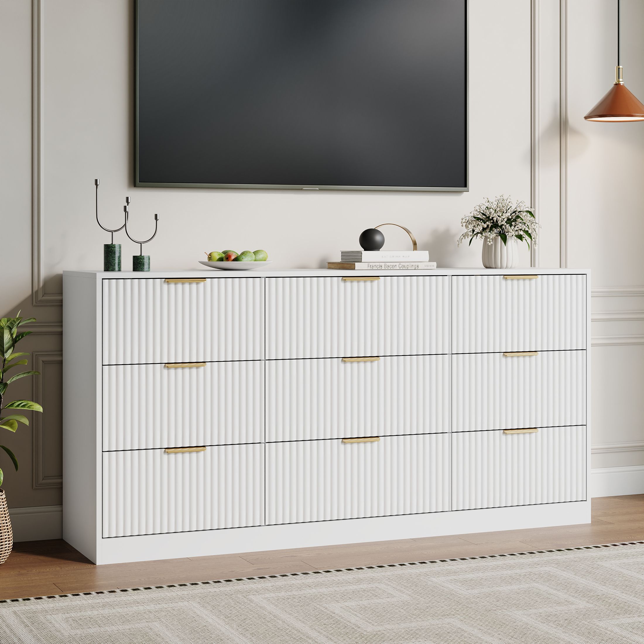 JUSHUA Fluted Dresser For Bedroom Wood Storage Cabinet With Golden ...