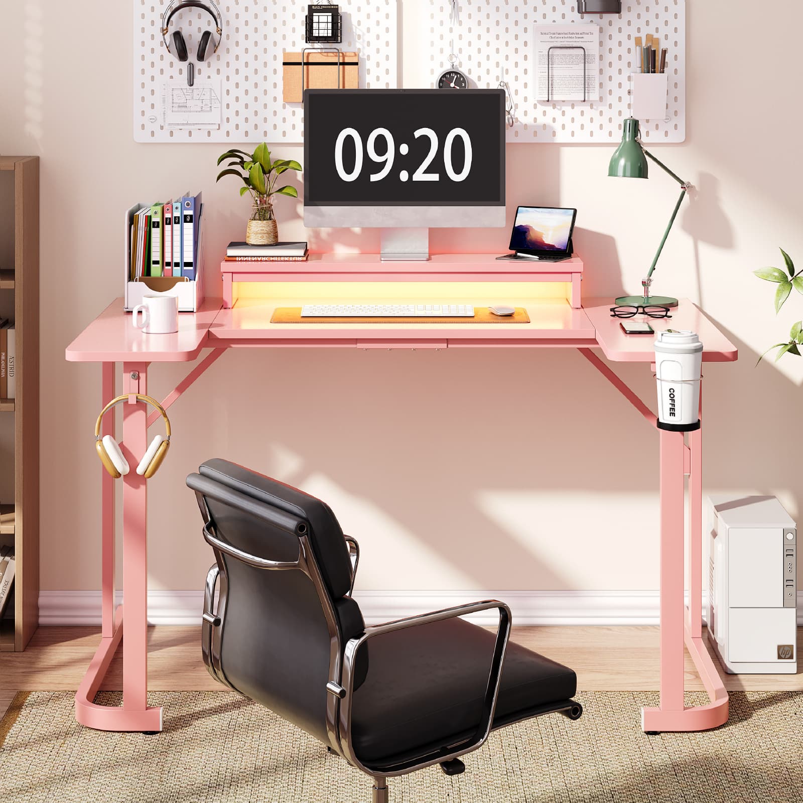 Bestier 51-in W Pink U-Shaped LED Gaming Desk with Monitor Stand and ...