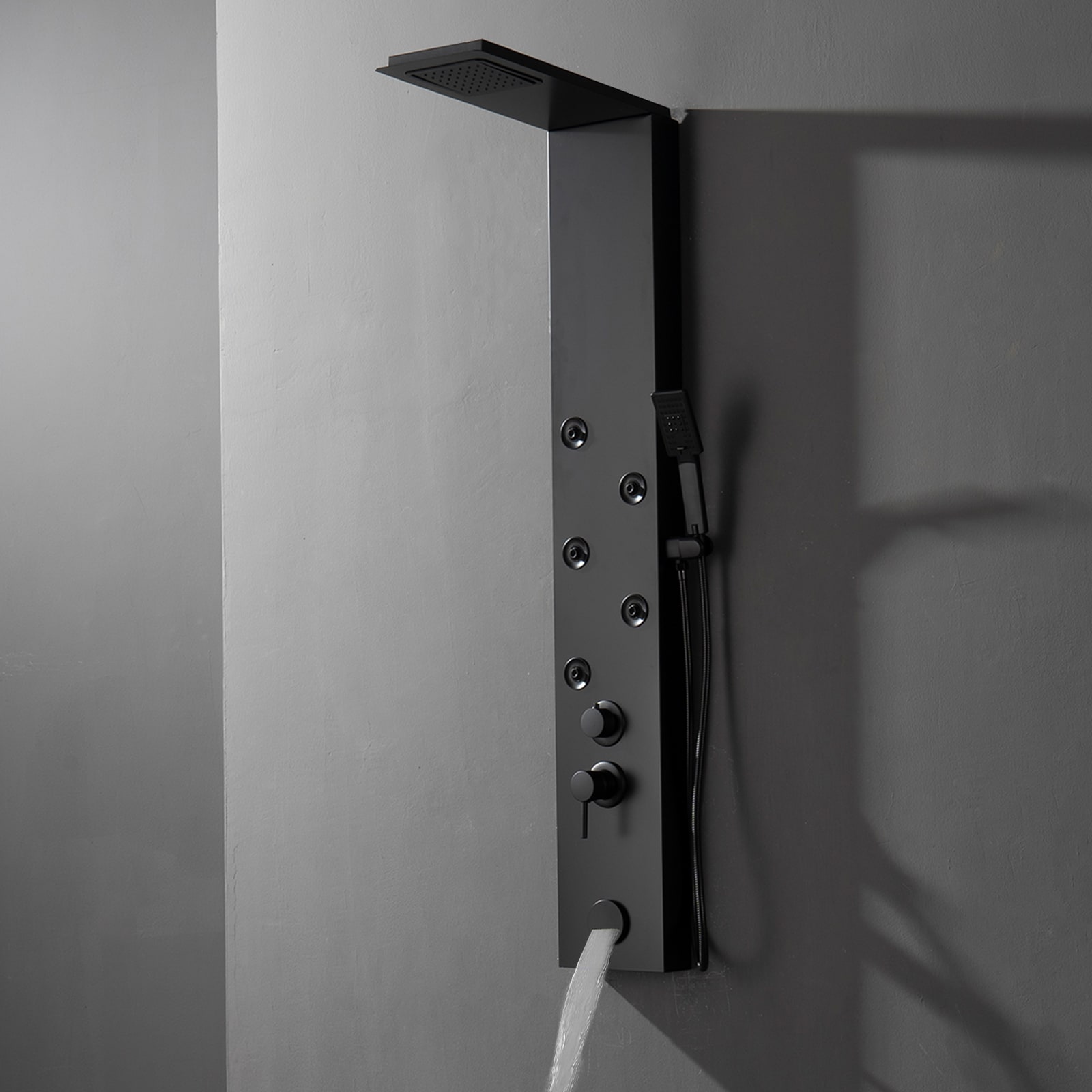 BWE Black 8-in Waterfall Shower Panel System with 4-way Diverter (Valve ...