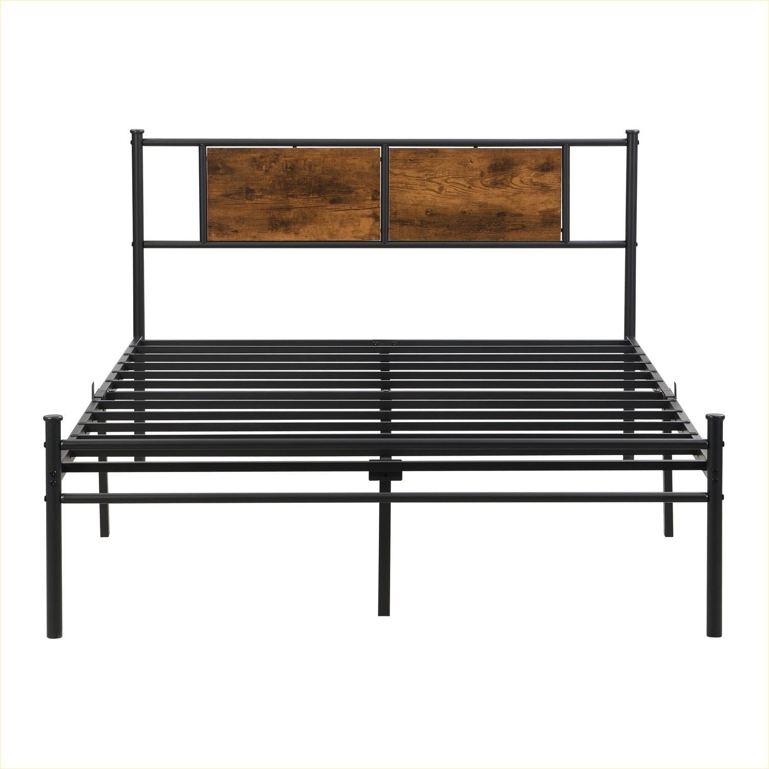 Watnature Matte Black Full Size Metal Bed Frame with Wood Panel ...
