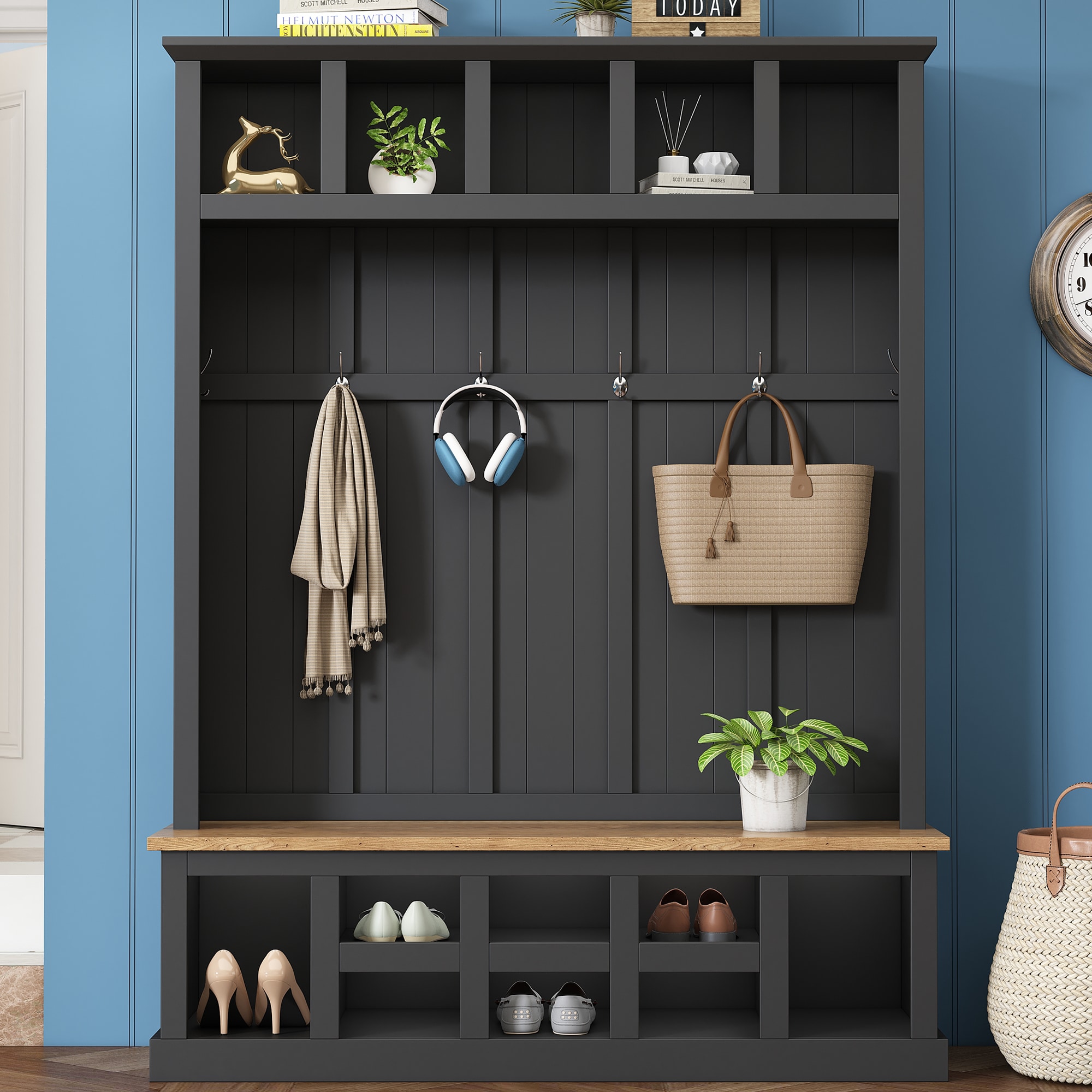 Nestfair Hall Tree Modern 59.1-in Black Wood Hall Tree in the Hall ...