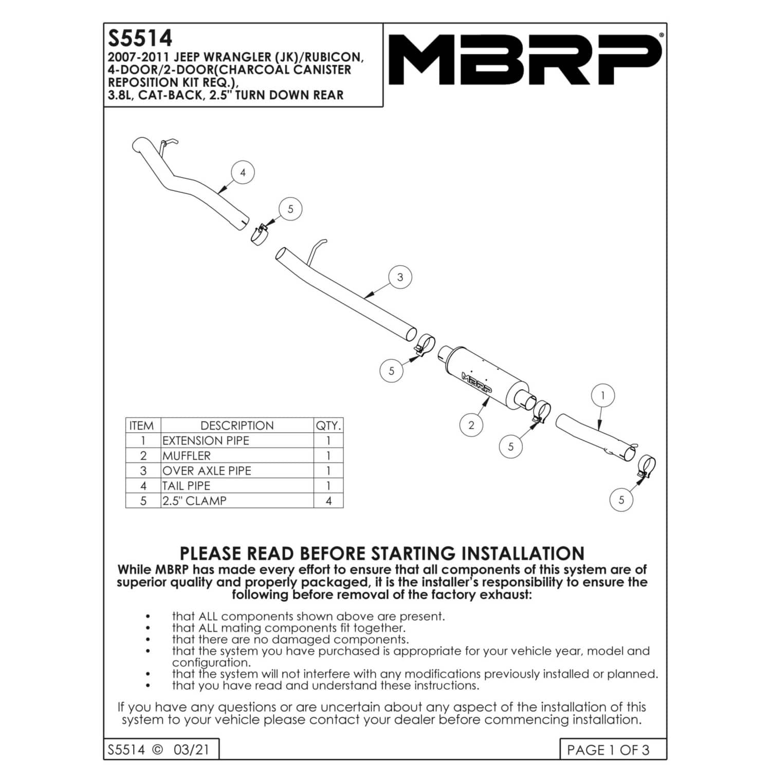 MBRP Armor Plus Cat Back Exhaust System 25 in Incl Ext Pipe/Muffler ...