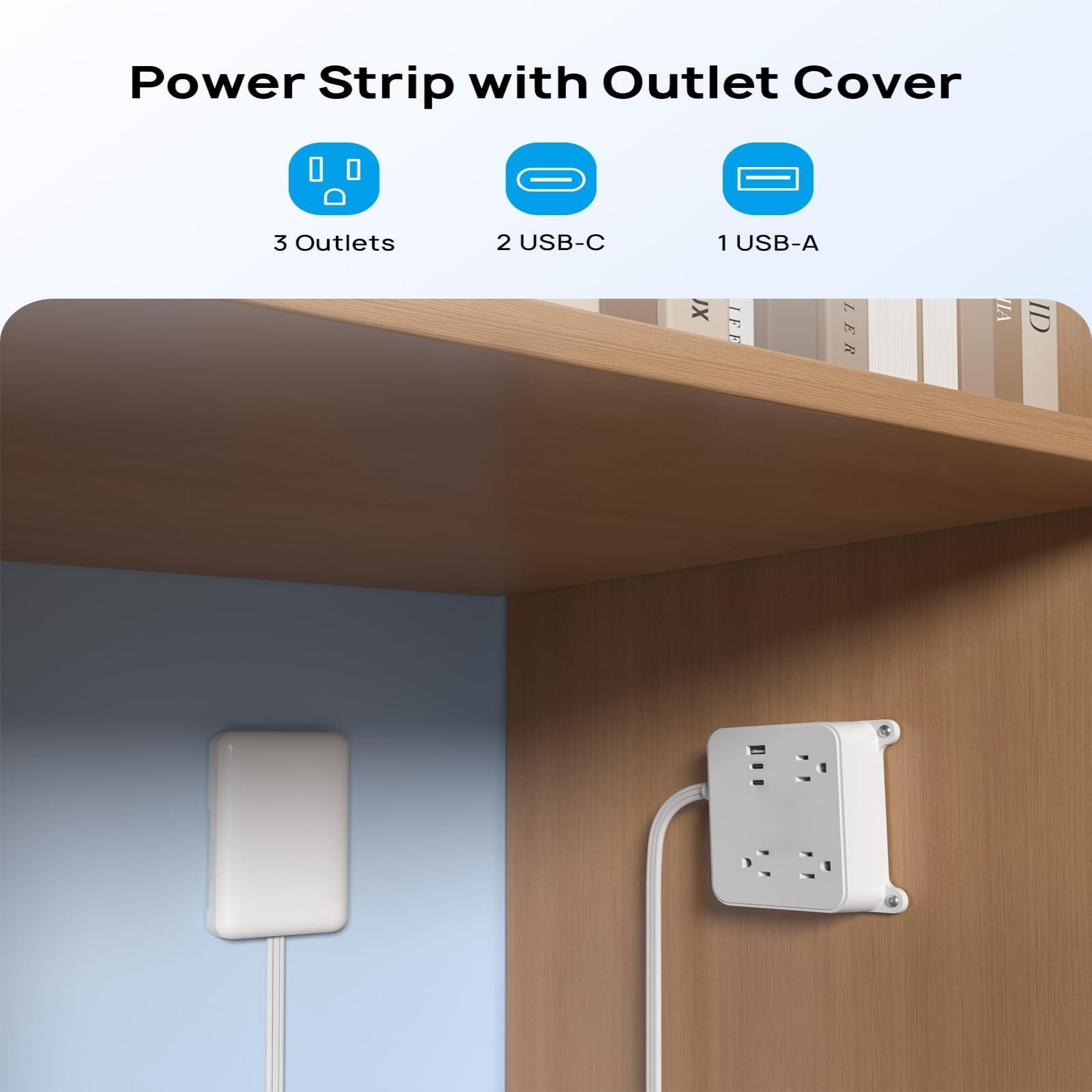 Numhew 5ft L 3-Outlet 2-USB C 1-USB A White Flat Outlet Cover Extension ...