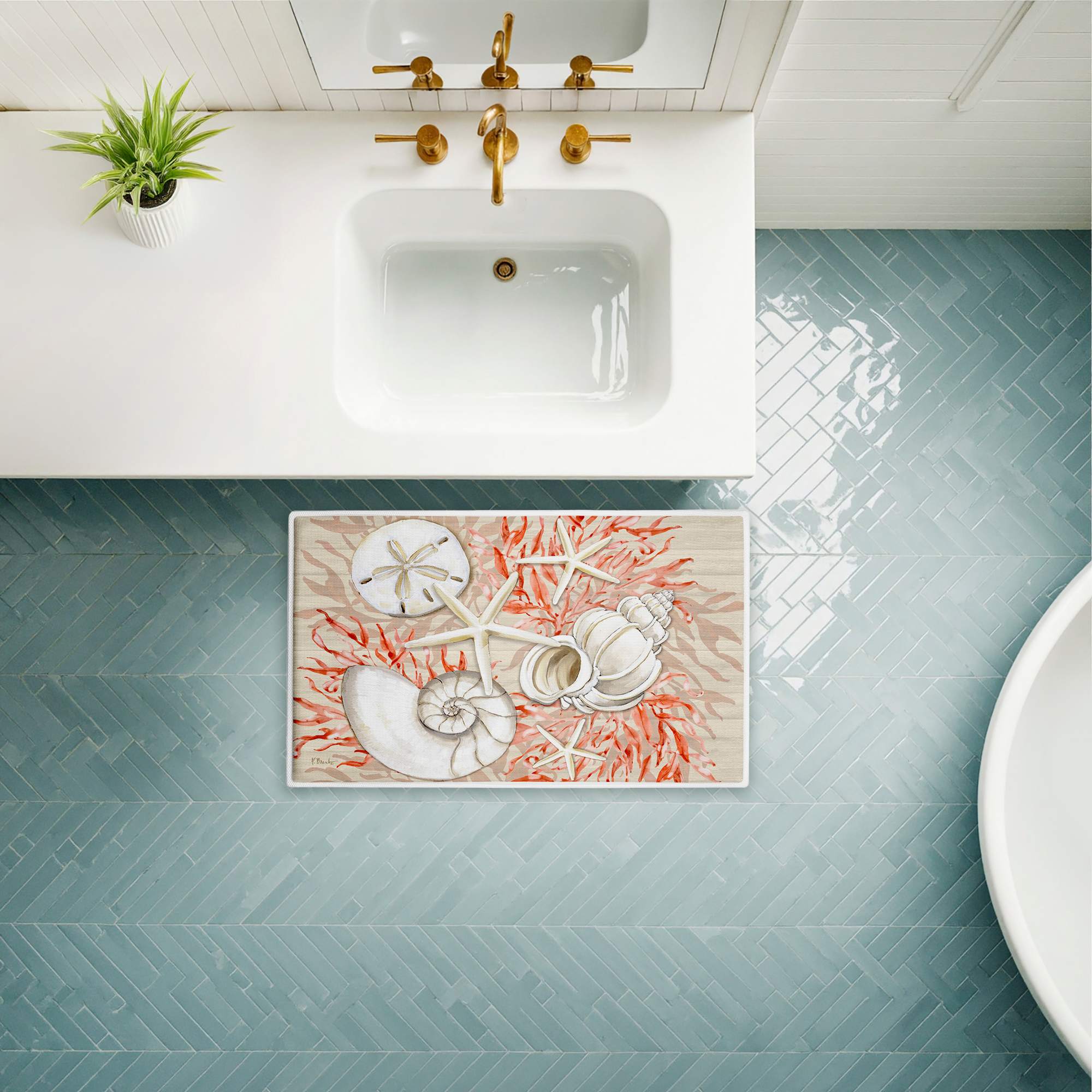 Stupell Industries Coral and White Shells Printed Plush Bathroom Floor ...