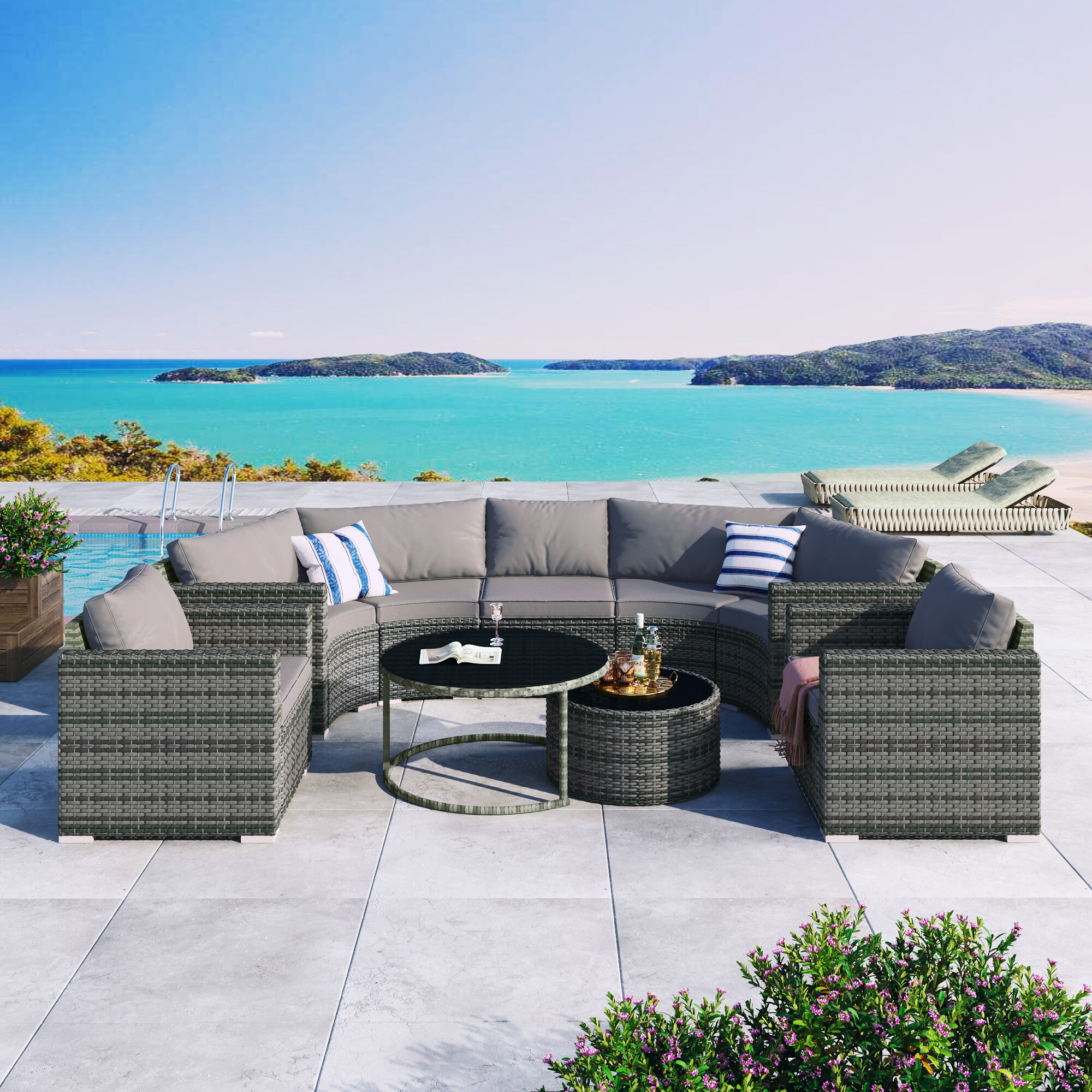 ModernLuxe 9-Pieces Outdoor Half-moon Patio Sofa Set, Round Sofa Set ...