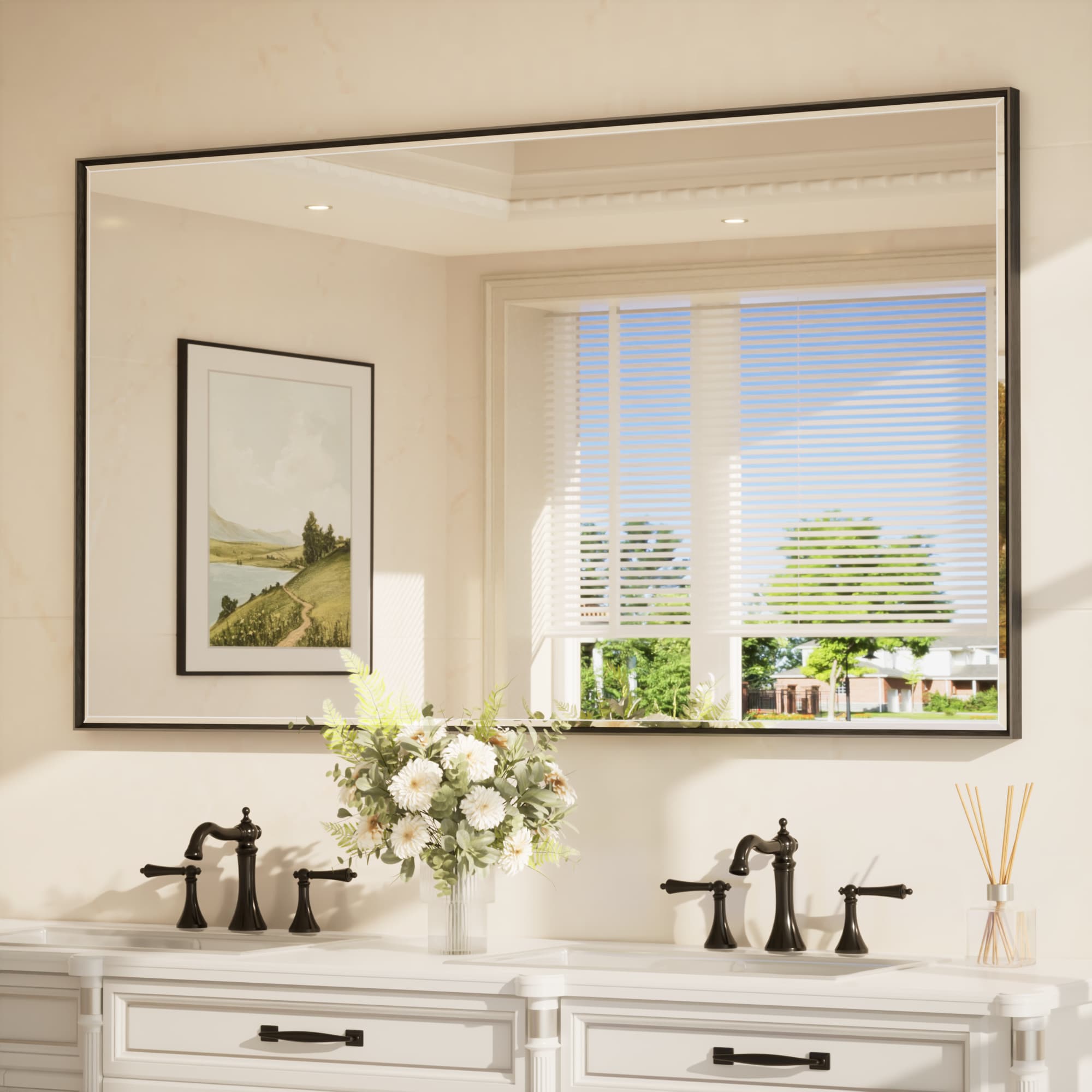 Keonjinn Beveled Framed Bathroom Mirror 60-in W x 36-in H Rectangle ...