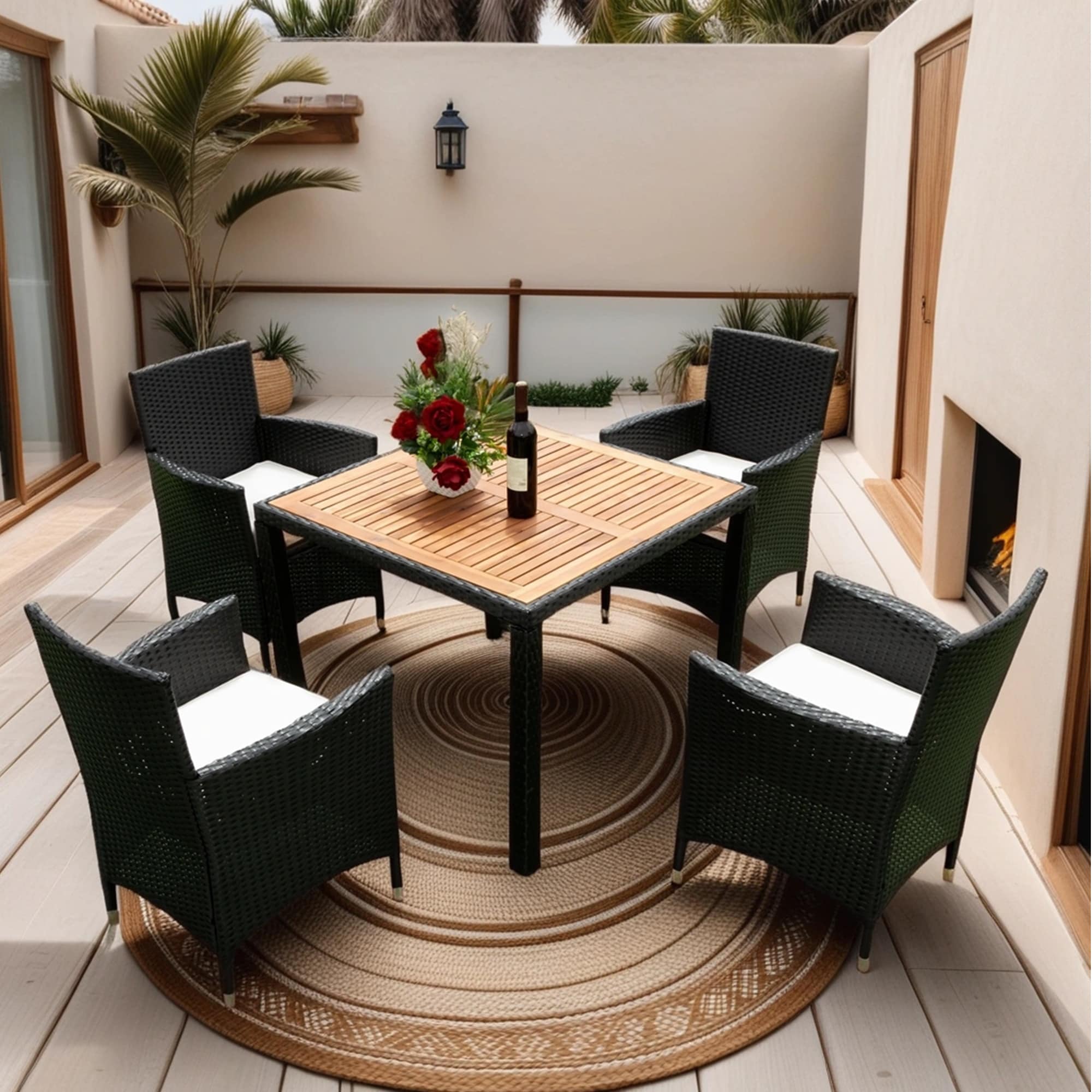 Fun Orange 5-Piece Black Rattan Patio Dining Set Steel Square Table ...