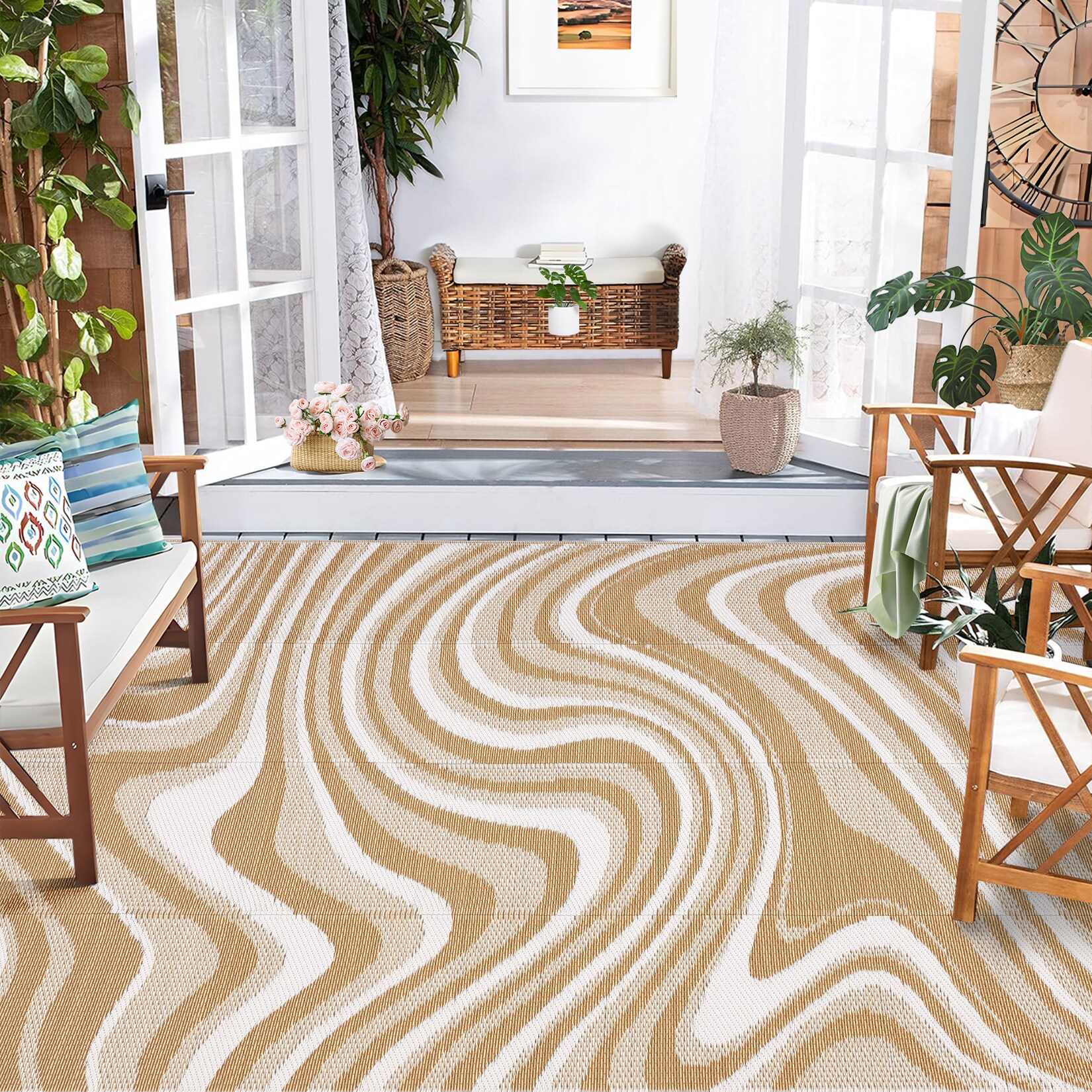 Garvee 9 x 12 ft Taupe White Polyester Rectangular Outdoor Abstract UV ...