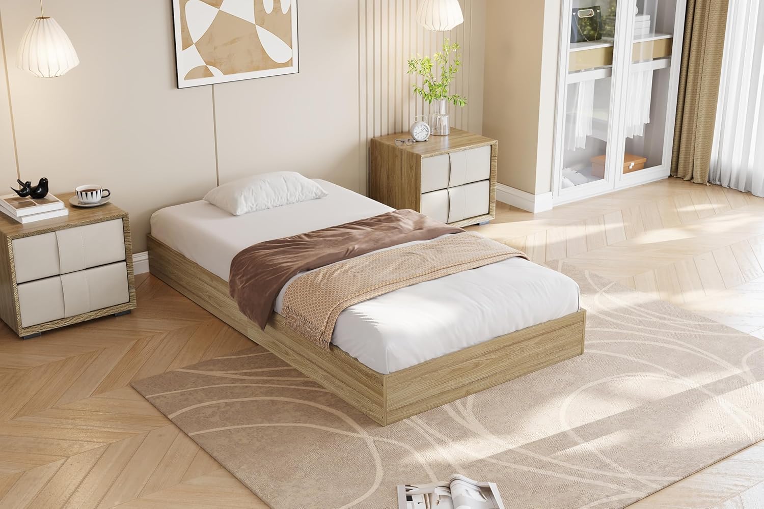 Qeetex Twin Size Floor-Standing Bed Frame Solid Wood Platform Bed with ...