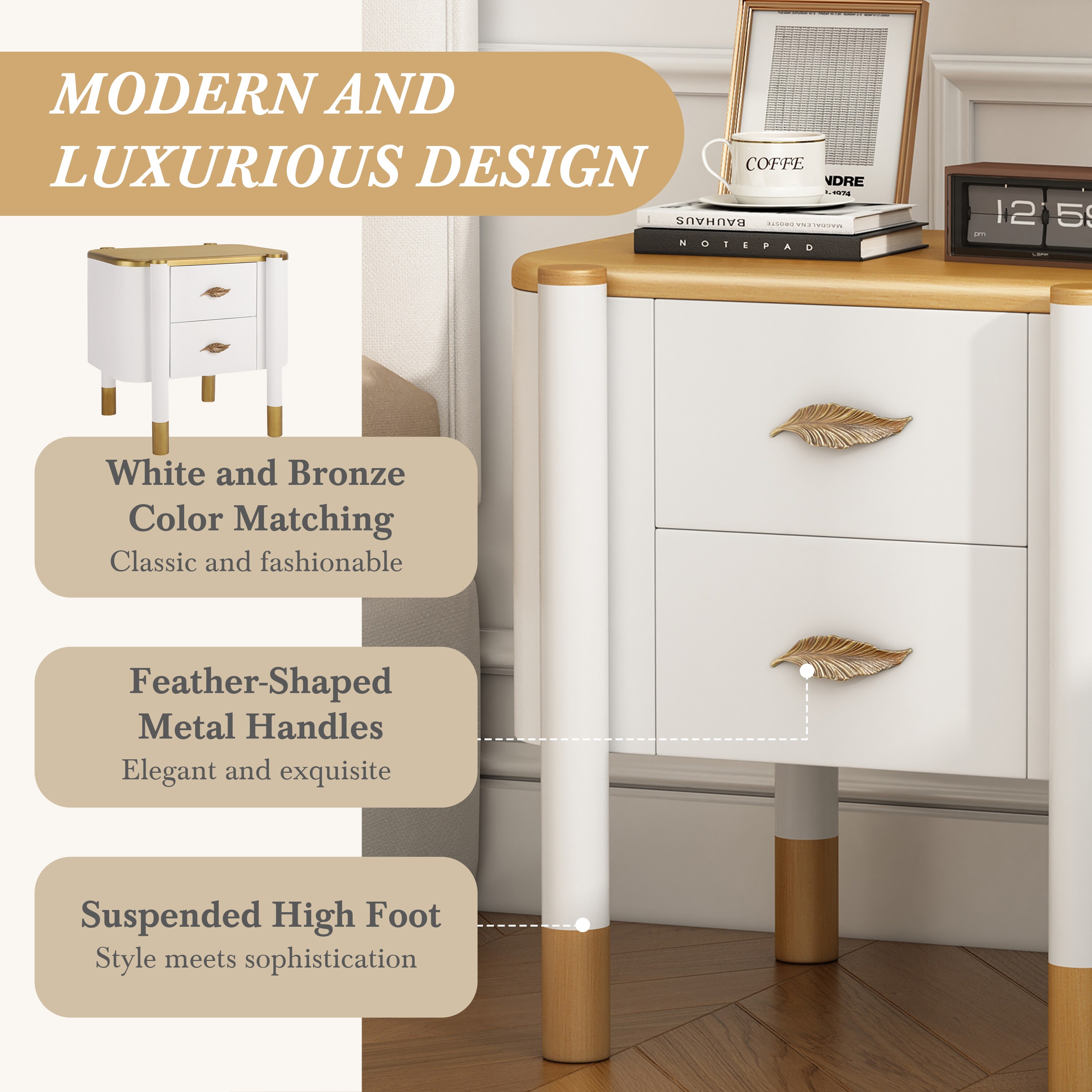 Huluwat Contemporary White 2 Drawer Nightstand Curved Profile Metal ...