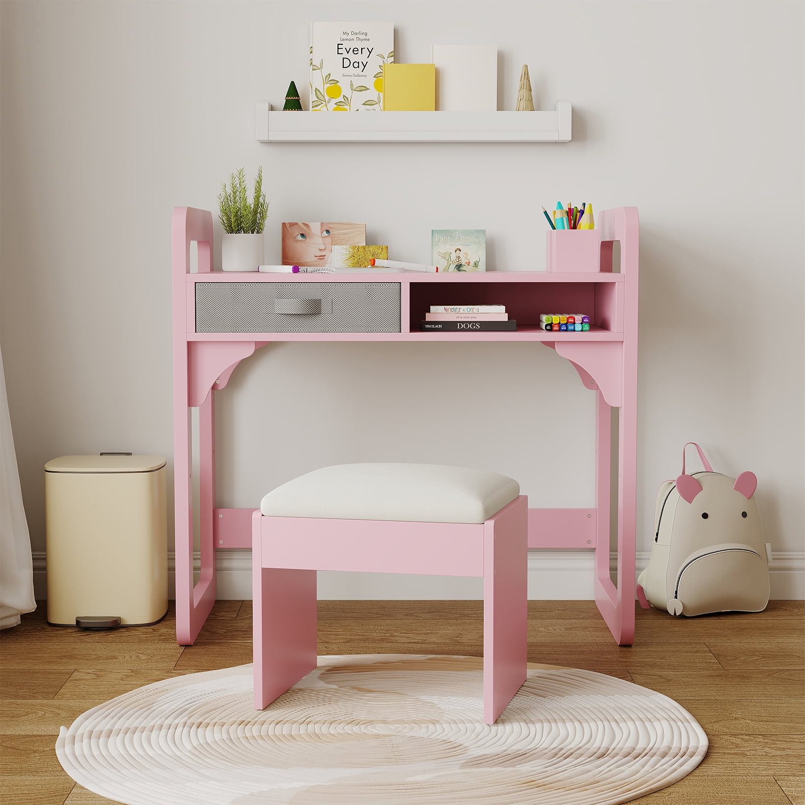 Garvee Pink Wooden Desk and Chair Set with Cloth Drawers Pen Holder ...
