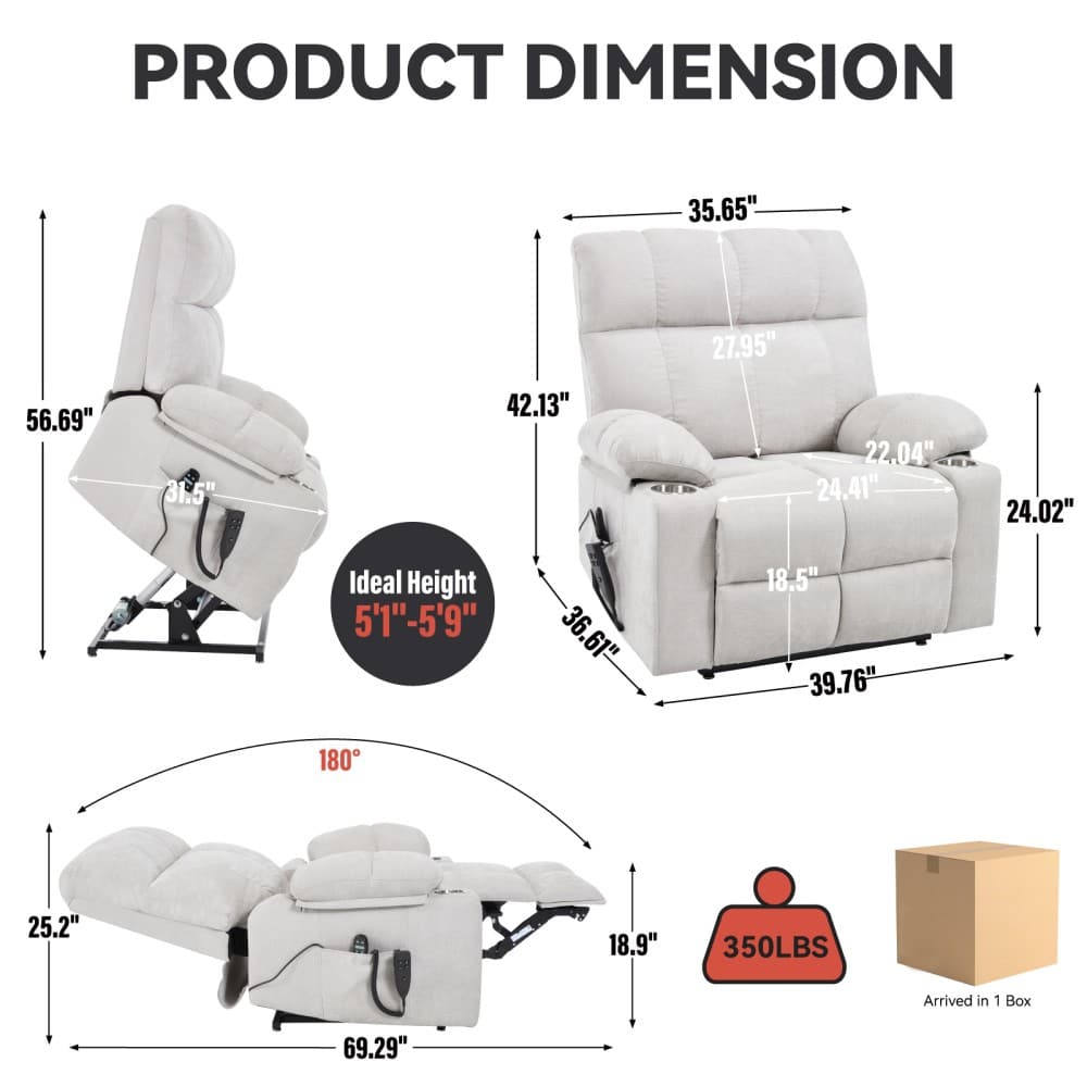 Coolbibila Beige Chenille Power Lift Recliner Chair with Dual Motors ...