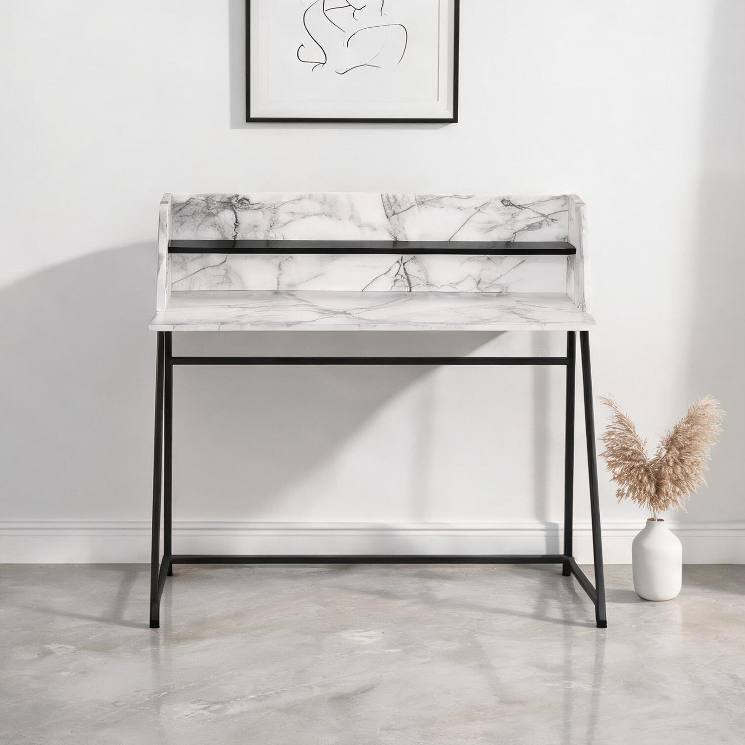 Naturefalls 48-Inch Computer Desk with Marble-Look Shelf Soft White ...