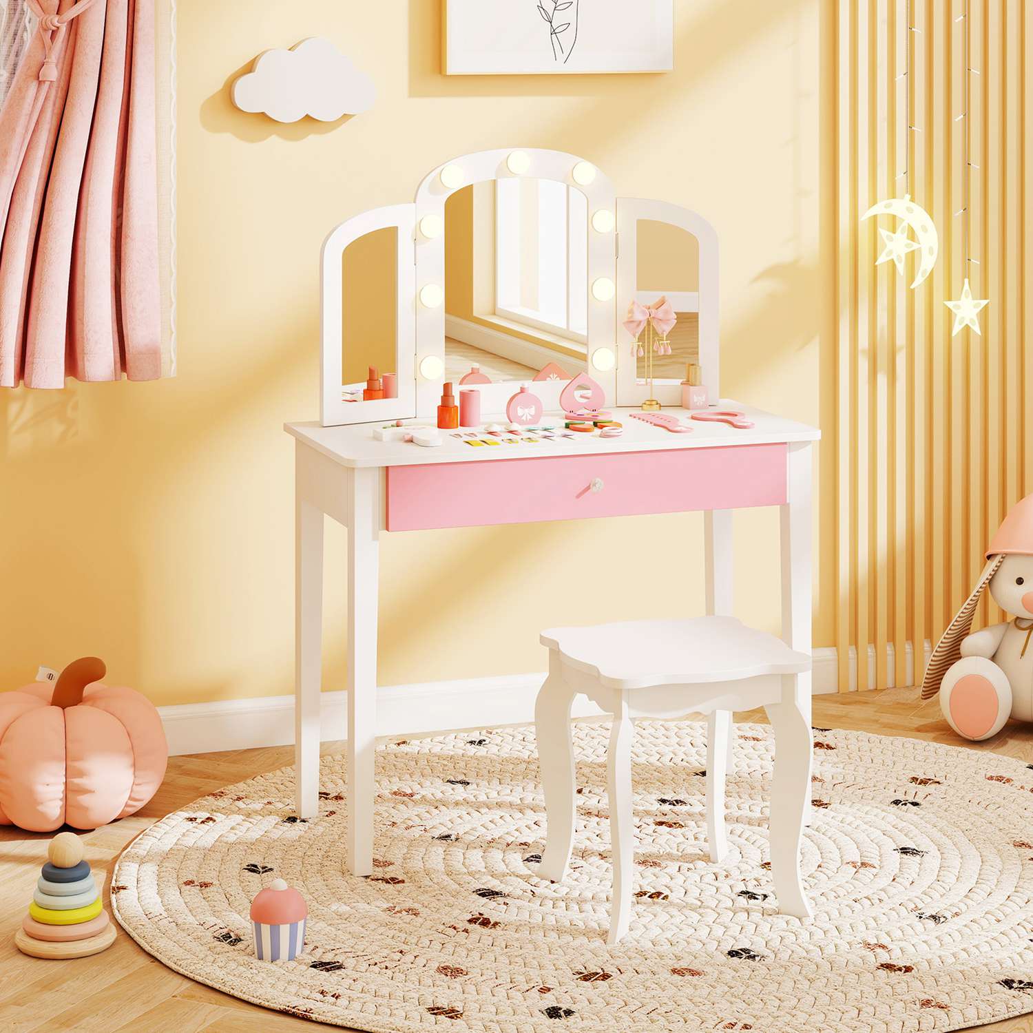 Costway Kids Vanity Table Set 2-in-1 Princess Makeup Dressing Desk with ...