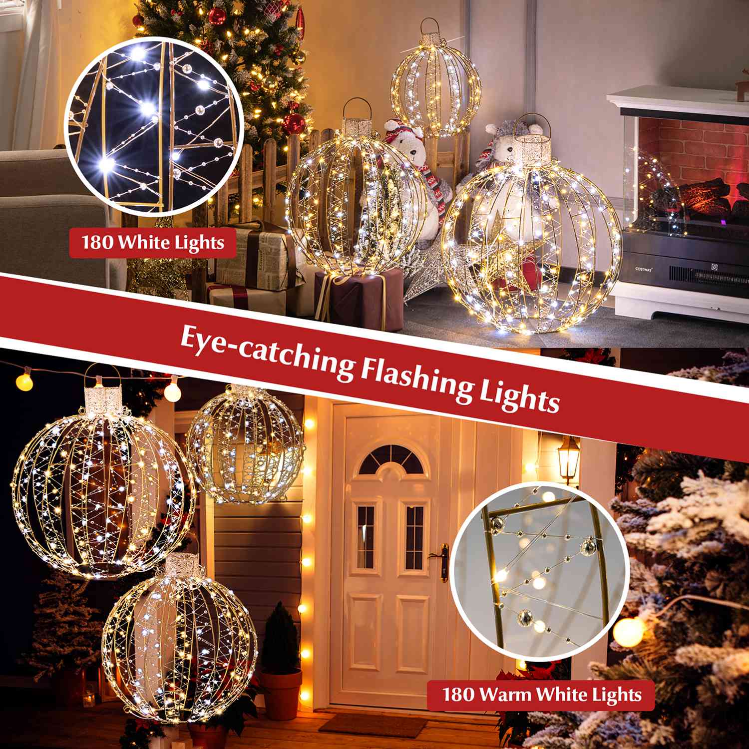 Costway 3 Pack Christmas LED Light Balls Outdoor Hanging Light Spheres ...