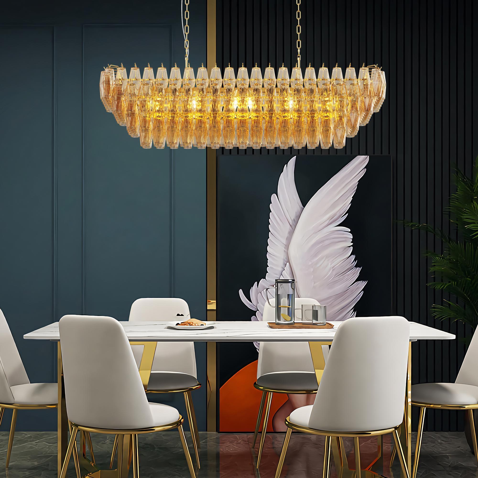 Bayfeve 54-in 12-Light Gold Rectangular Glass Chandelier with Smoke ...