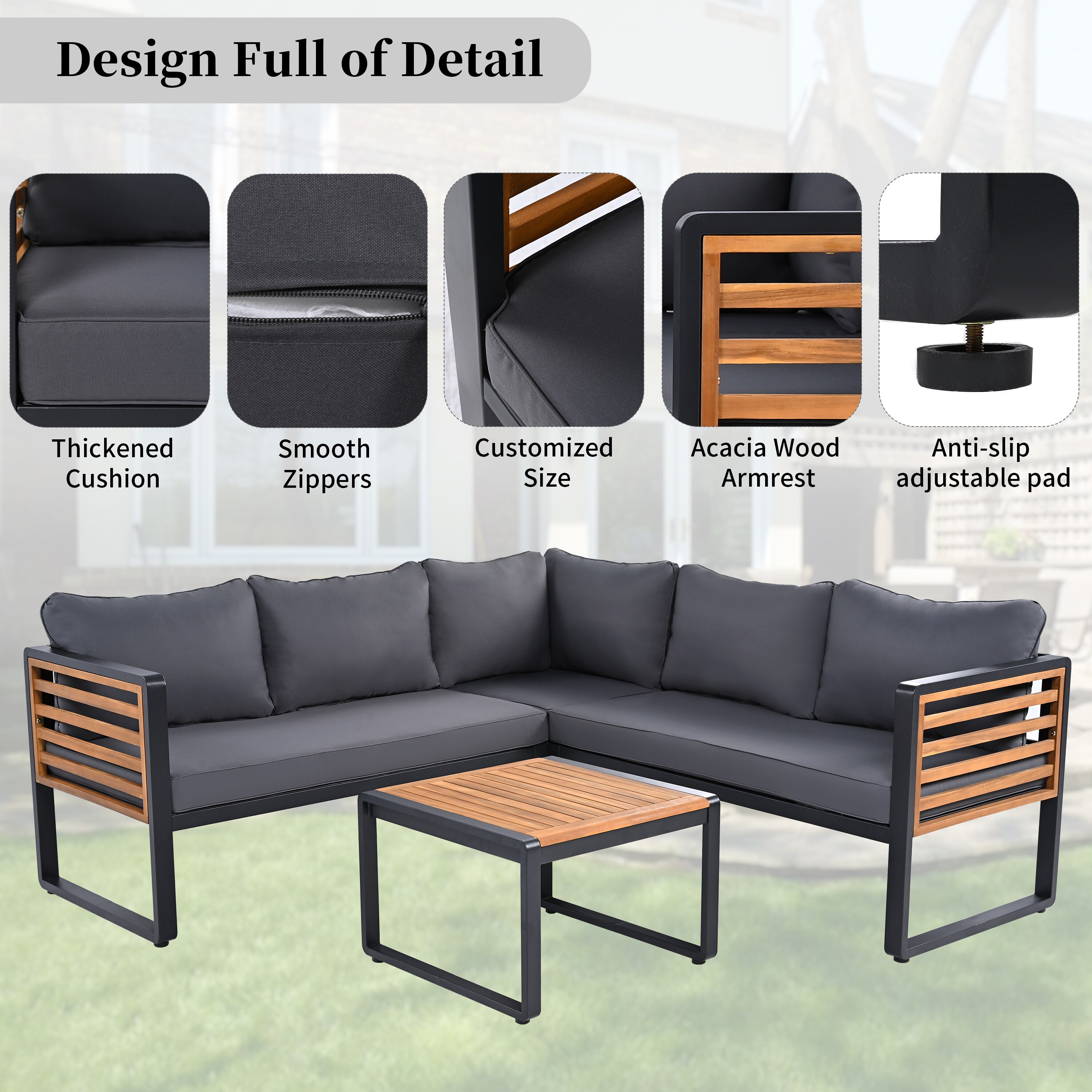 GDFStudio Gray 4-Piece L-Shaped Outdoor Patio Conversation Set with ...