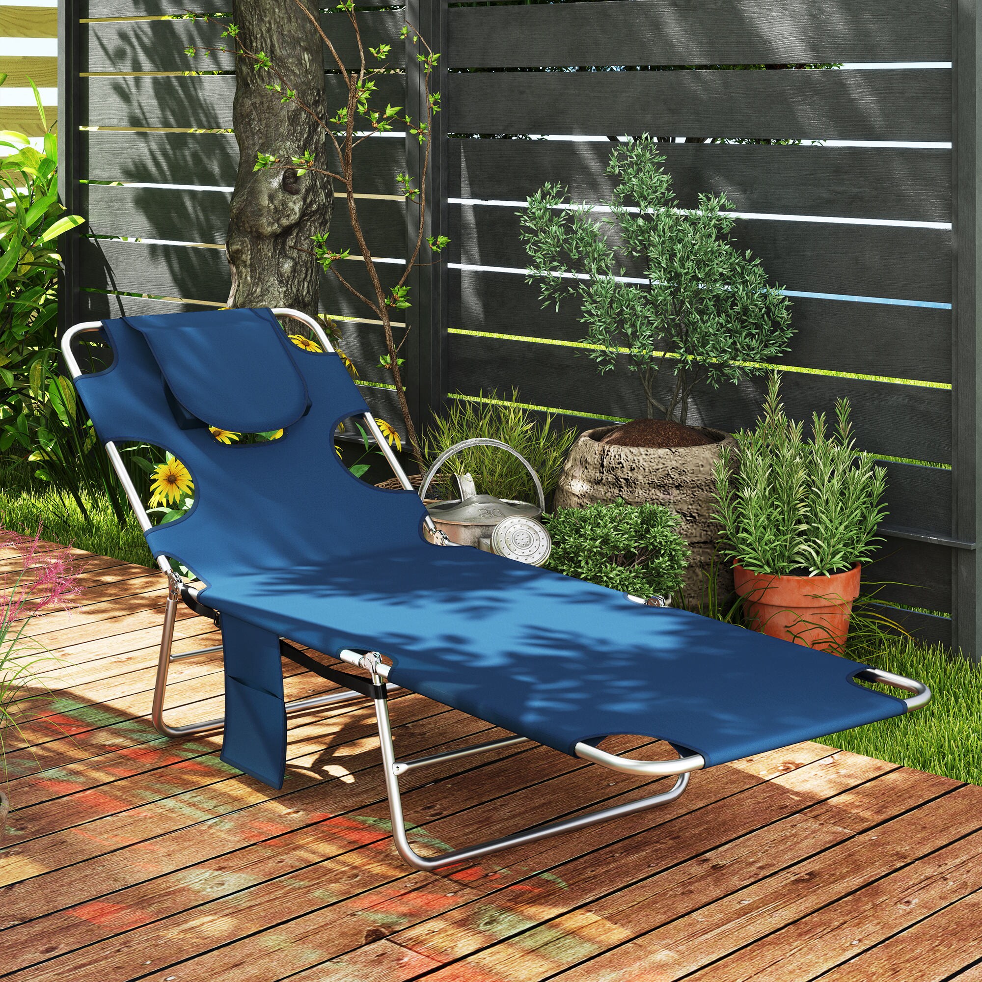 Outsunny Folding Beach Lounge Chair with Face Hole and Arm Slots 5level ...