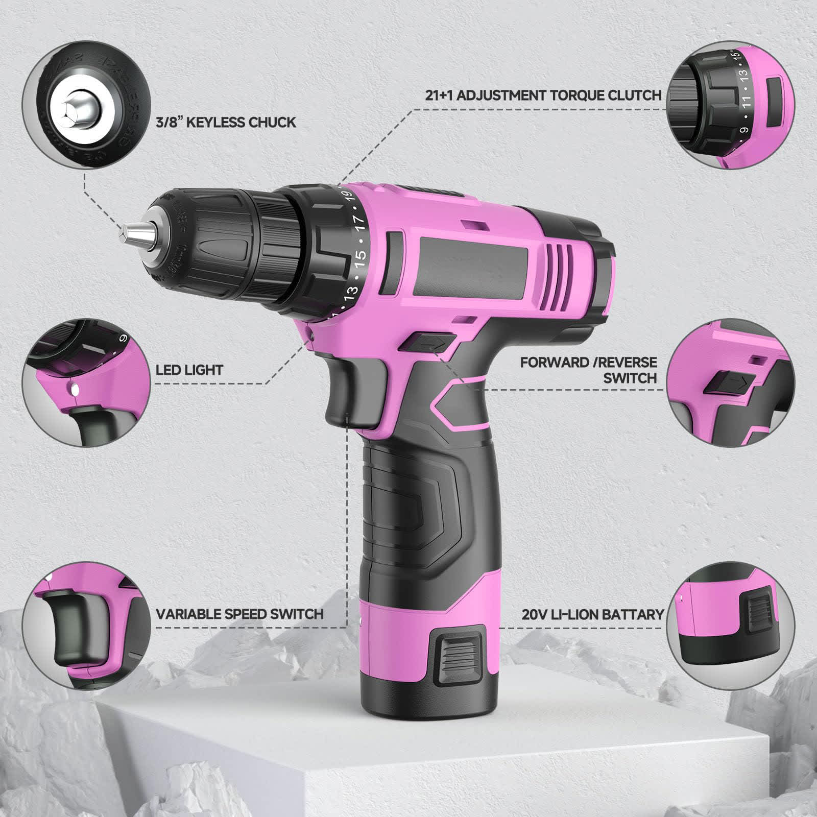 Etokfoks 148 Piece Pink 12V Cordless Drill Tool Kit with LED Light ...