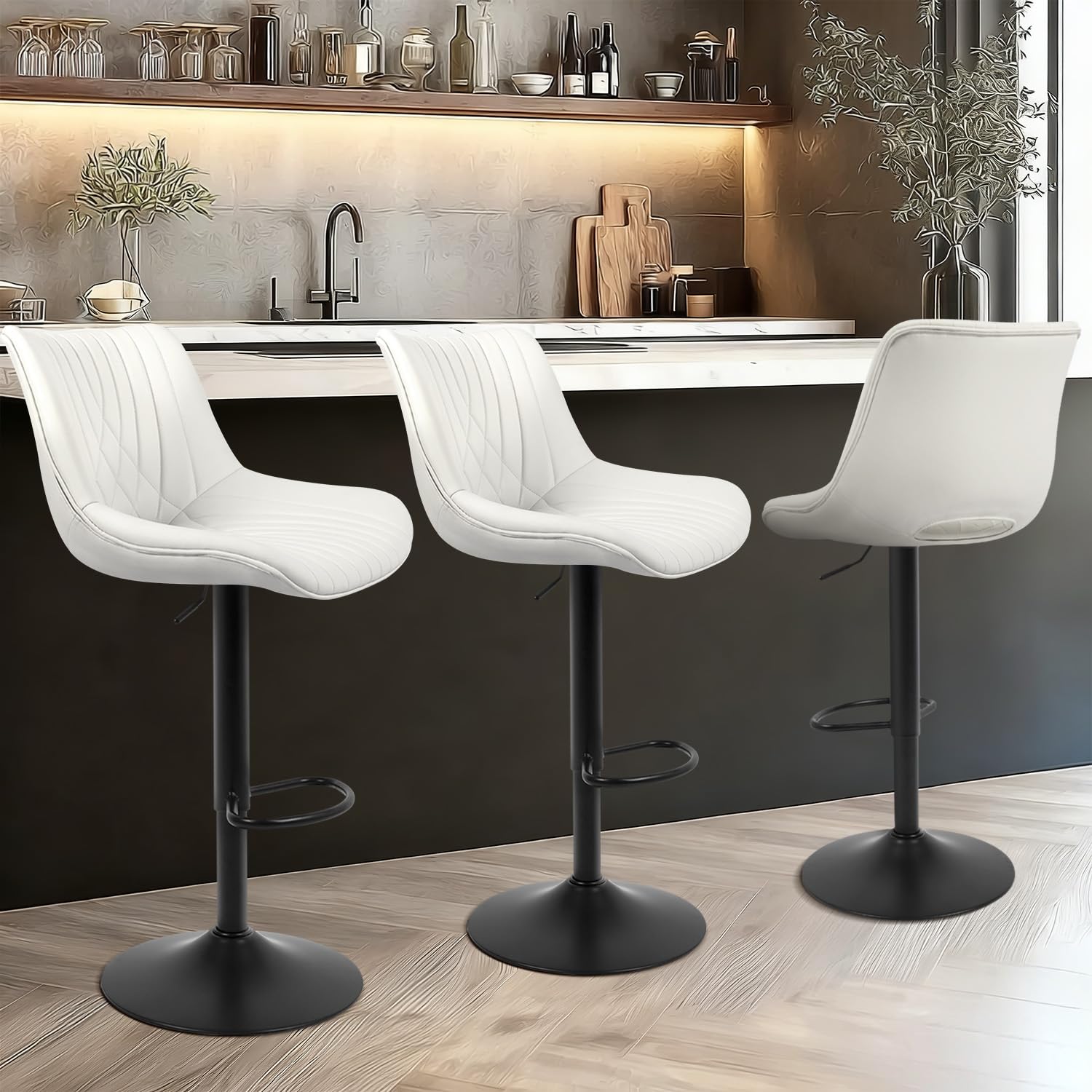 PIGFDK White Set of 2 Adjustable Swivel Bar Stools Faux PU Leather ...