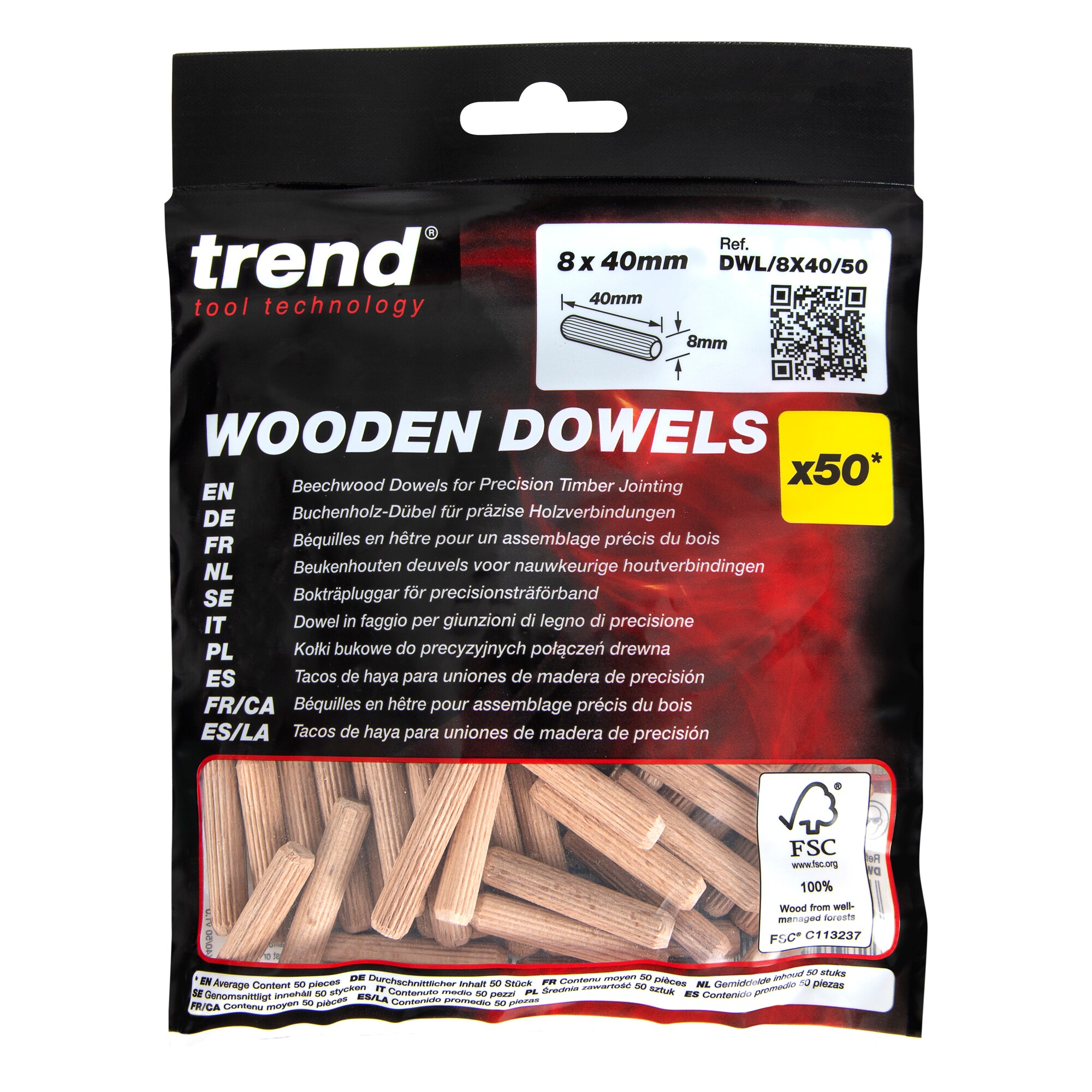 Trend Tool Technology Hardwood Dowels 8 x 40mm 50 Pack for Strong ...