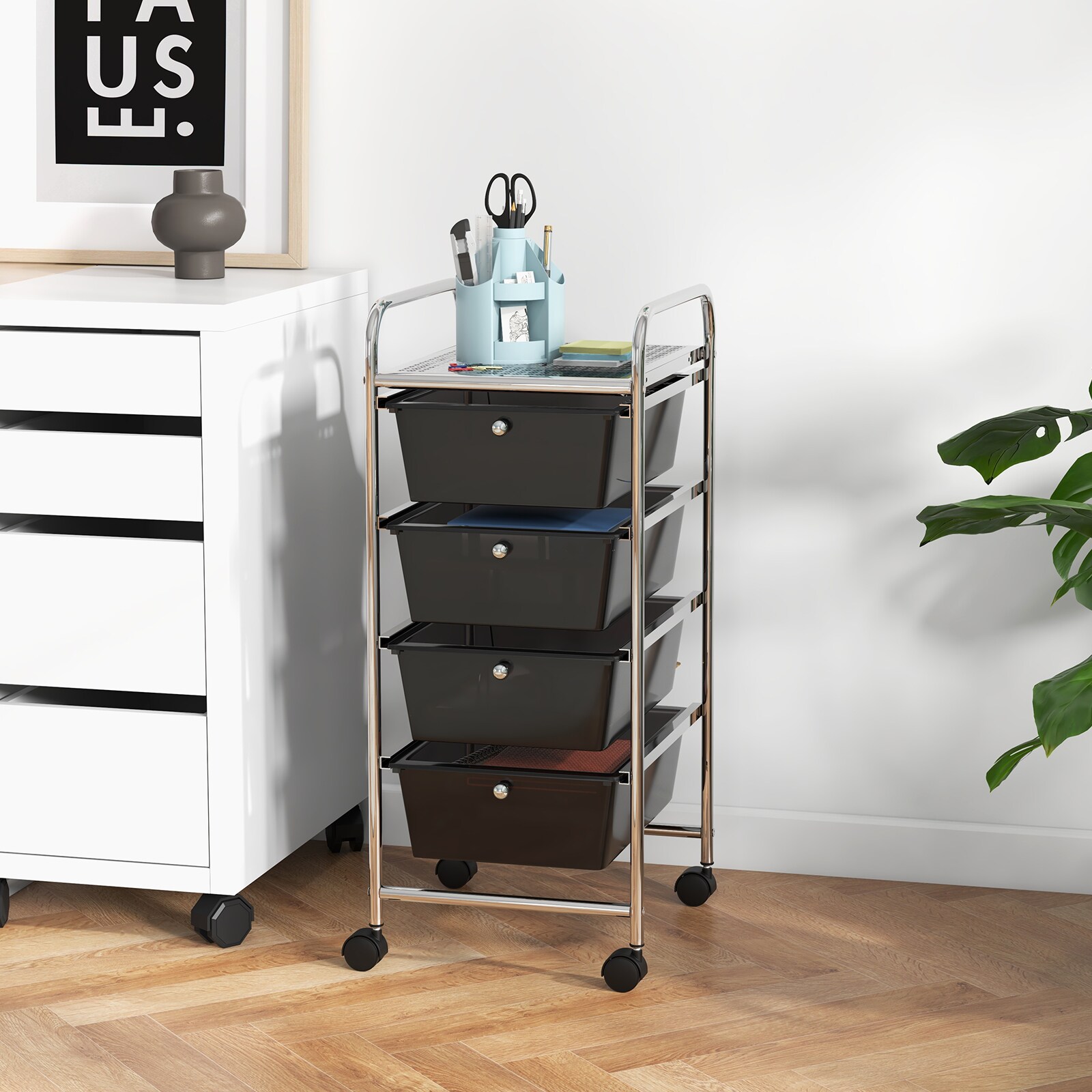 Slickblue Mobile 4-Drawer Cart - Black/White Steel Frame with Slide-Out ...